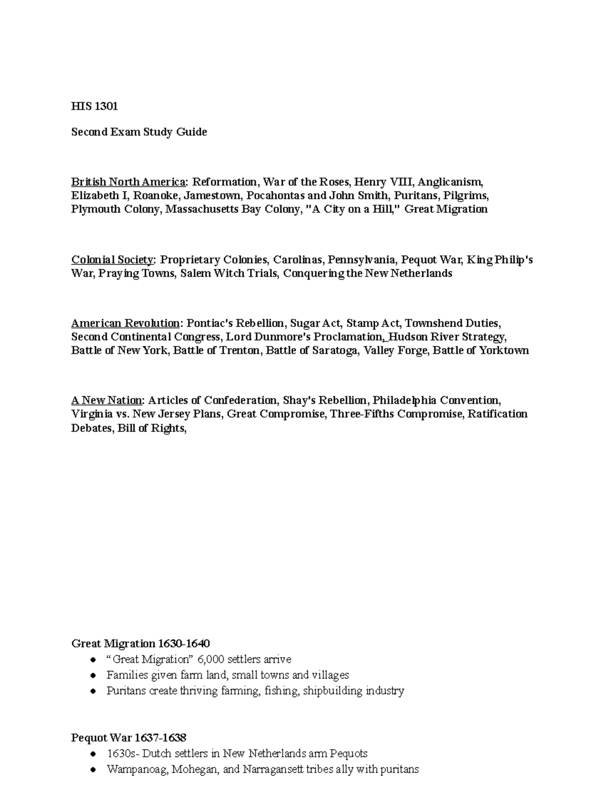 History Notes 2 - Dr. Cox - HIS 1301 Second Exam Study Guide British ...