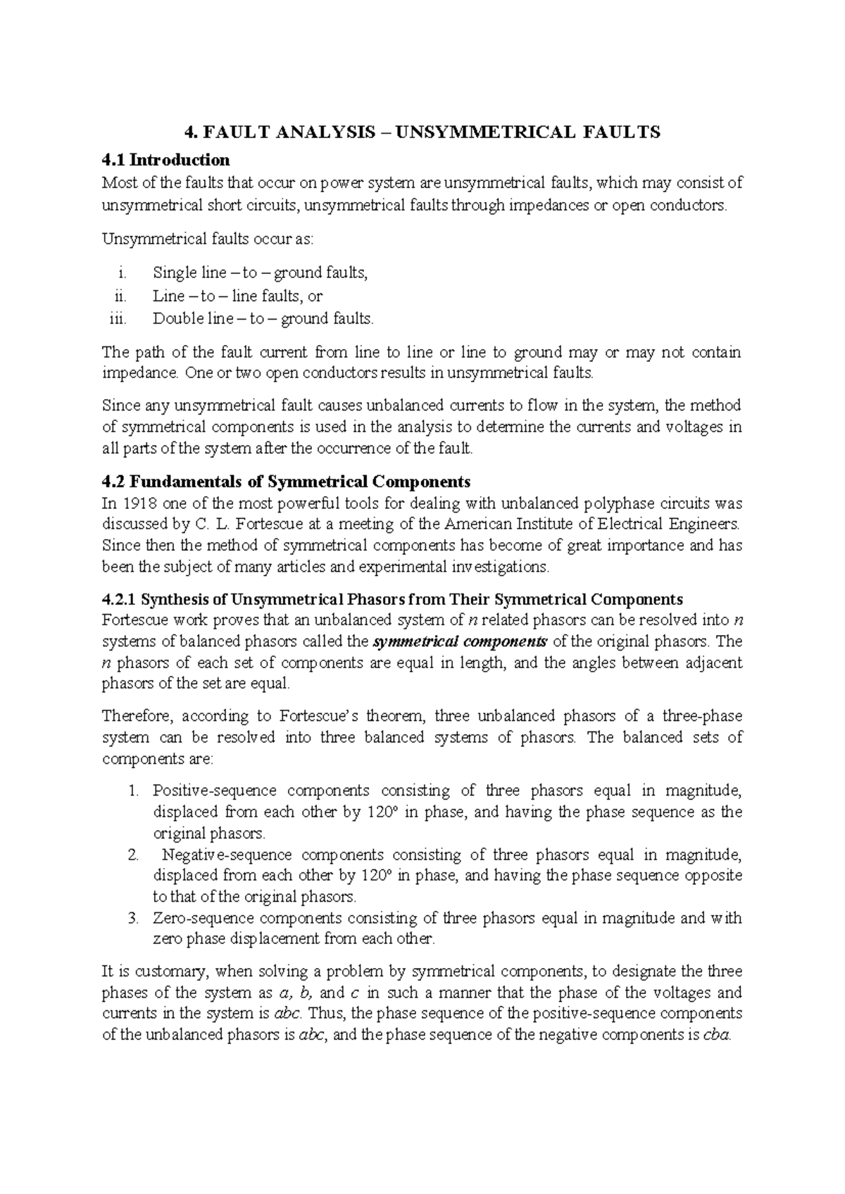 UNIT 4 Fault Analysis - Unsymmetrical Faults - FAULT ANALYSIS ...