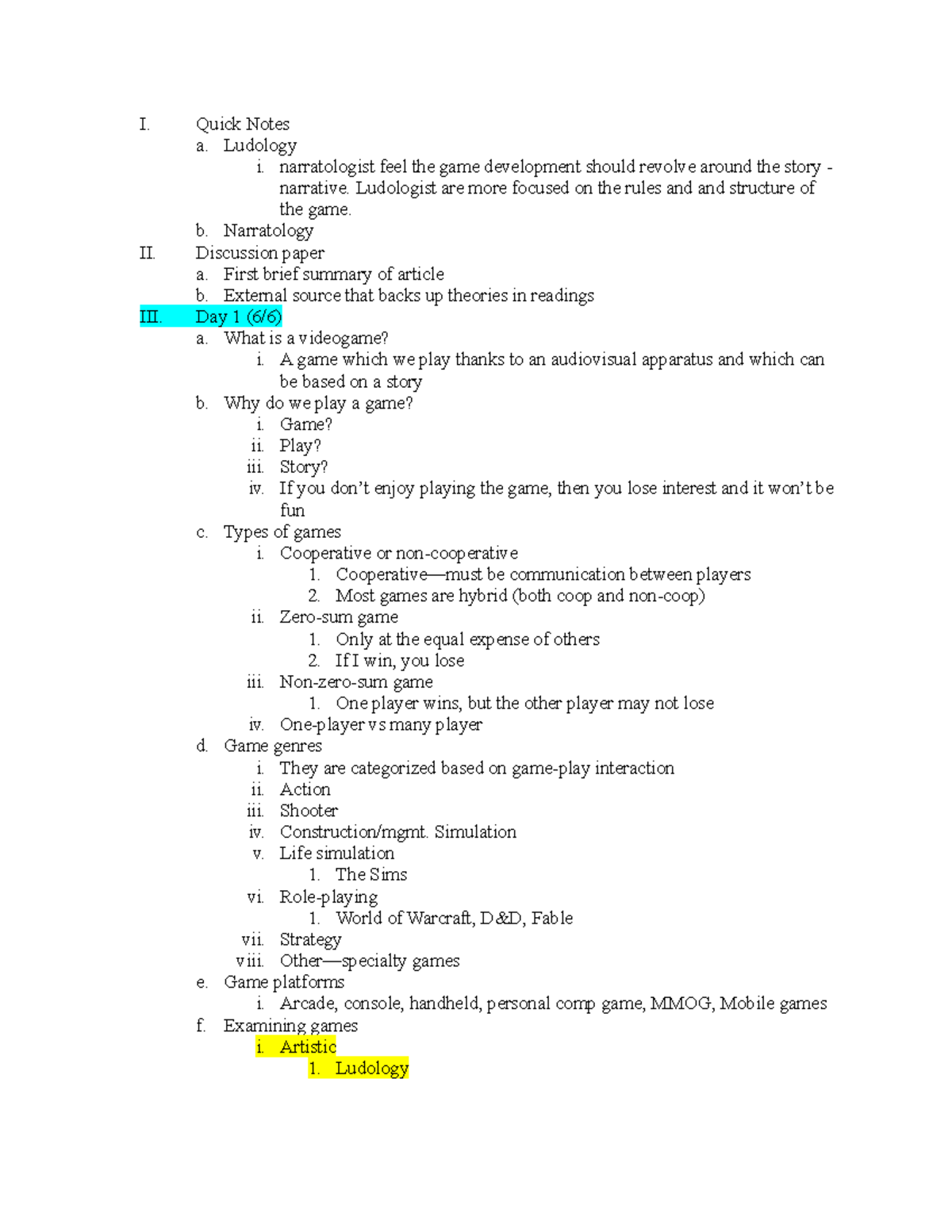 Game ADV Lecture Notes - I. Quick Notes a. Ludology i. narratologist ...