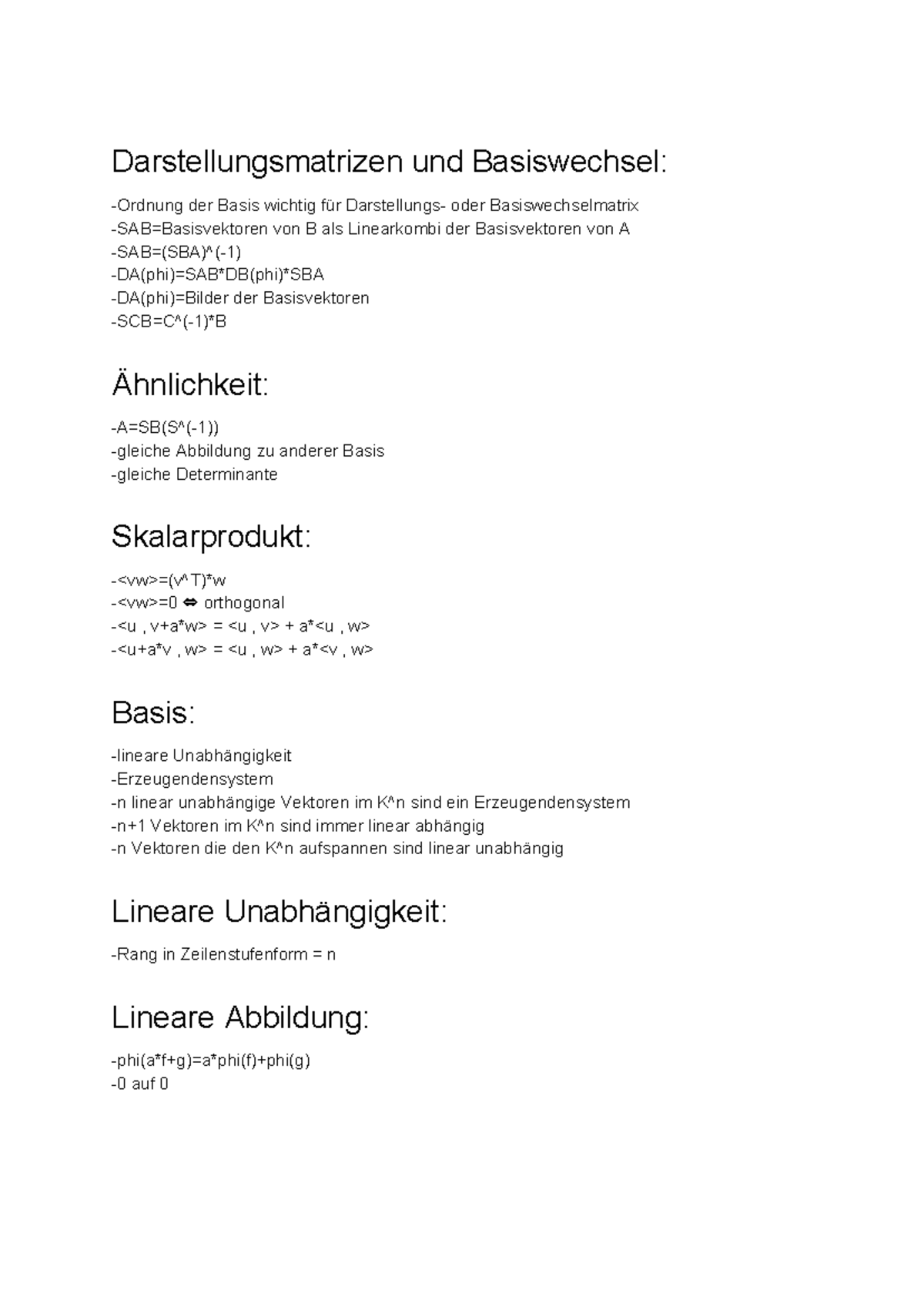 Lin Alg Spickzettel - Darstellungsmatrizen und Basiswechsel: -Ordnung ...
