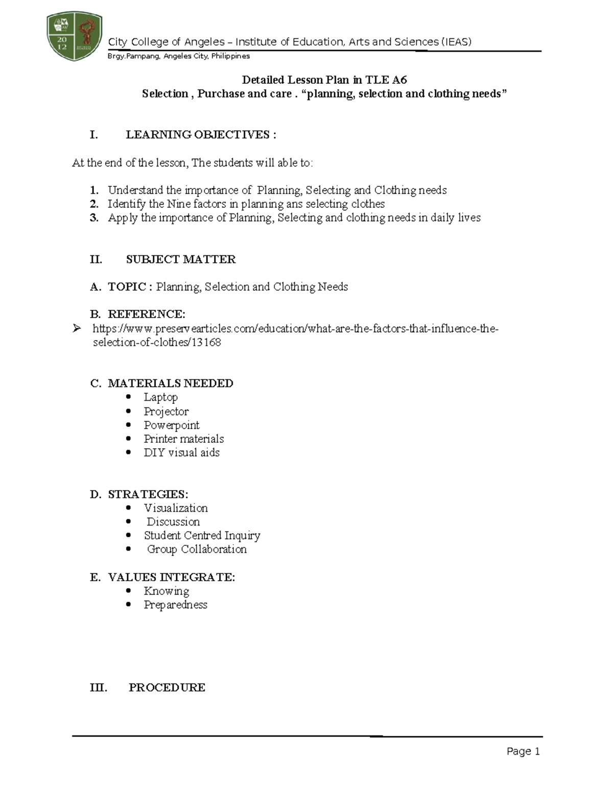 Dizon- Catubig-.TLE-A6- Clothing- Detailed- Lesson-PLAN - Brgy, Angeles ...