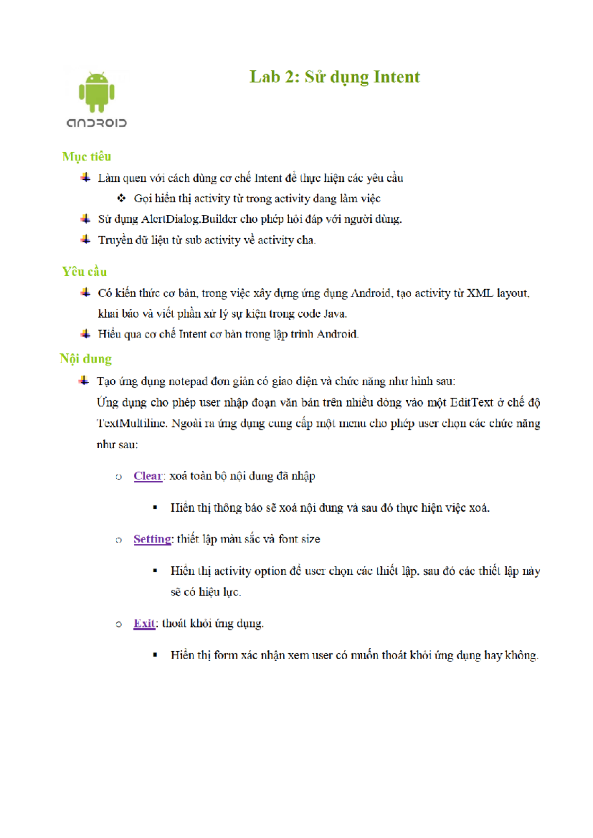 BT TH Tuan02 - Android example - Lab 2: Sú dung Intent ANDROID Muc tiéu Lam quen vói cách dung ...