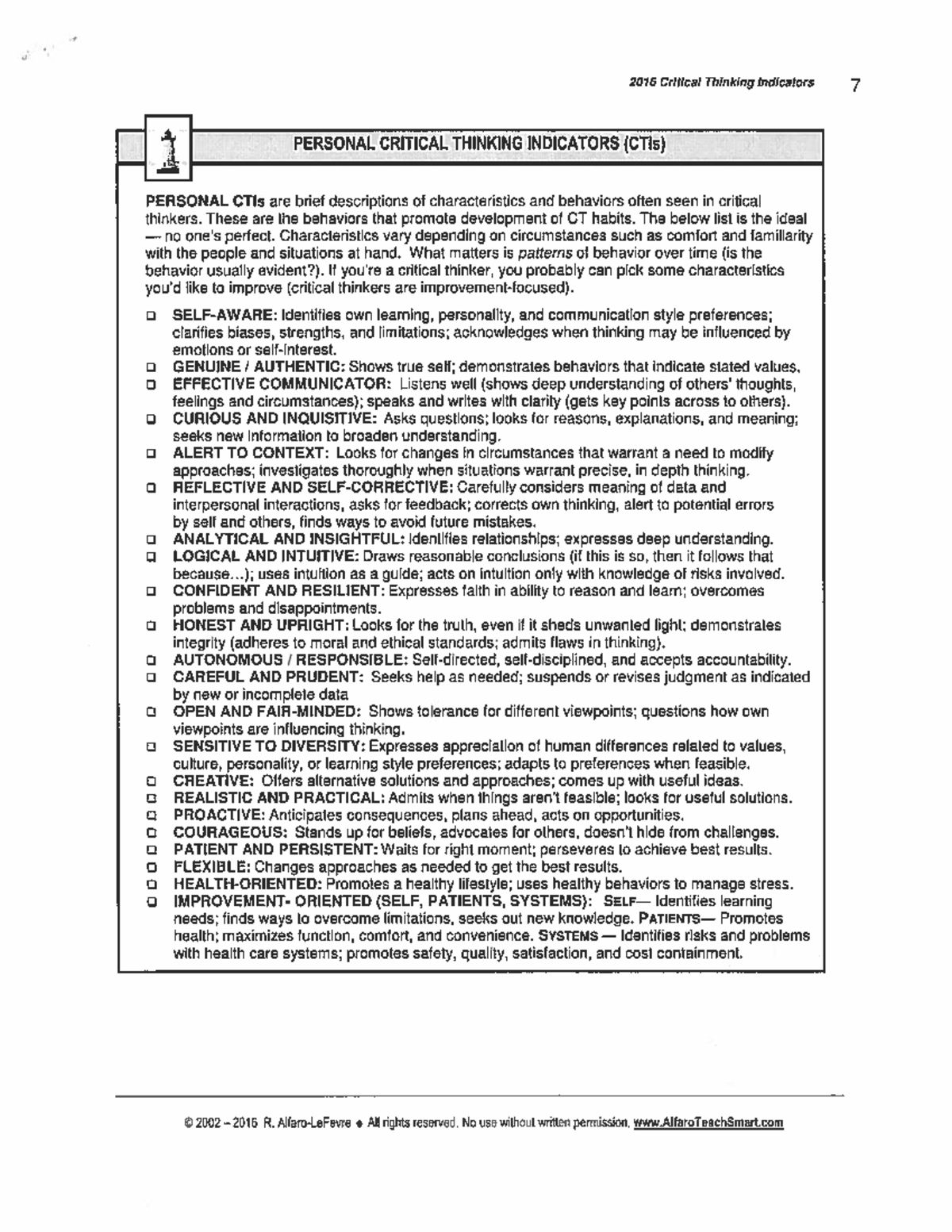 2016 Personal Critical Thinking Indicators - NSG 121 - Studocu