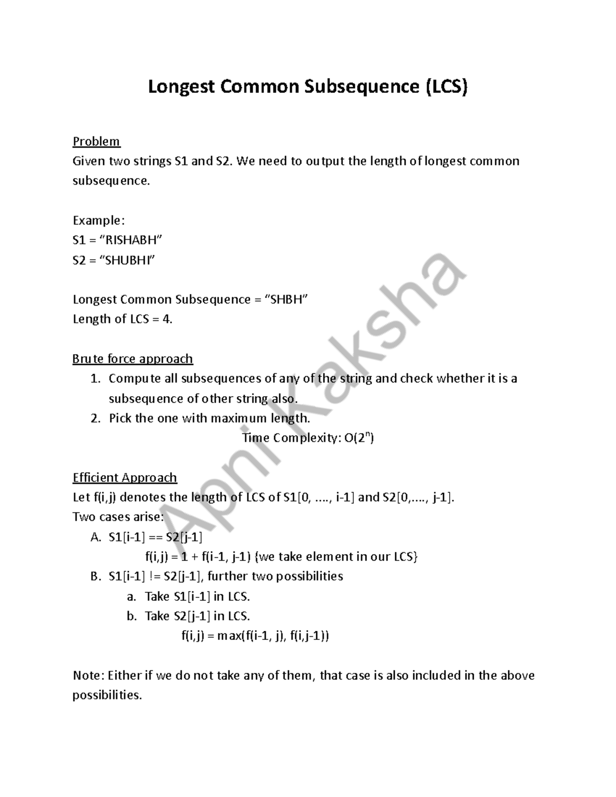 Longest Common Subsequence watermark - Longest Common Subsequence (LCS) Problem Given two ...
