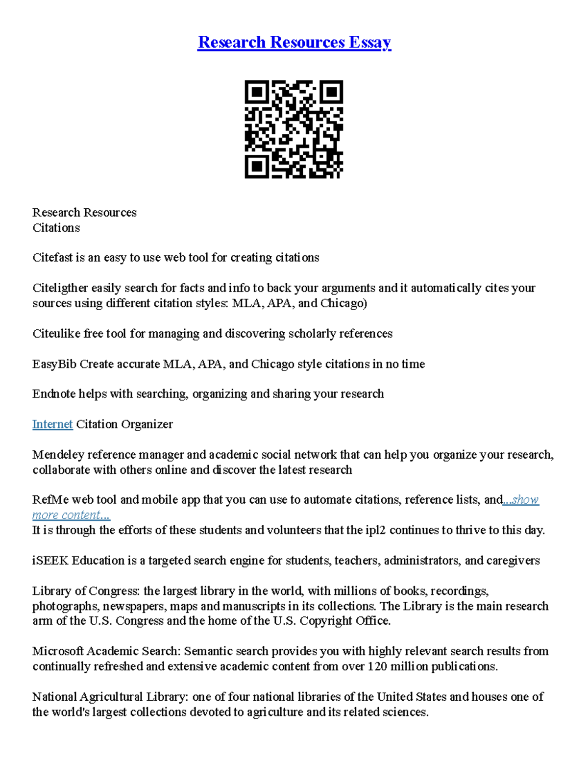 Essay Resources - Research Resources Essay Research Resources Citations ...