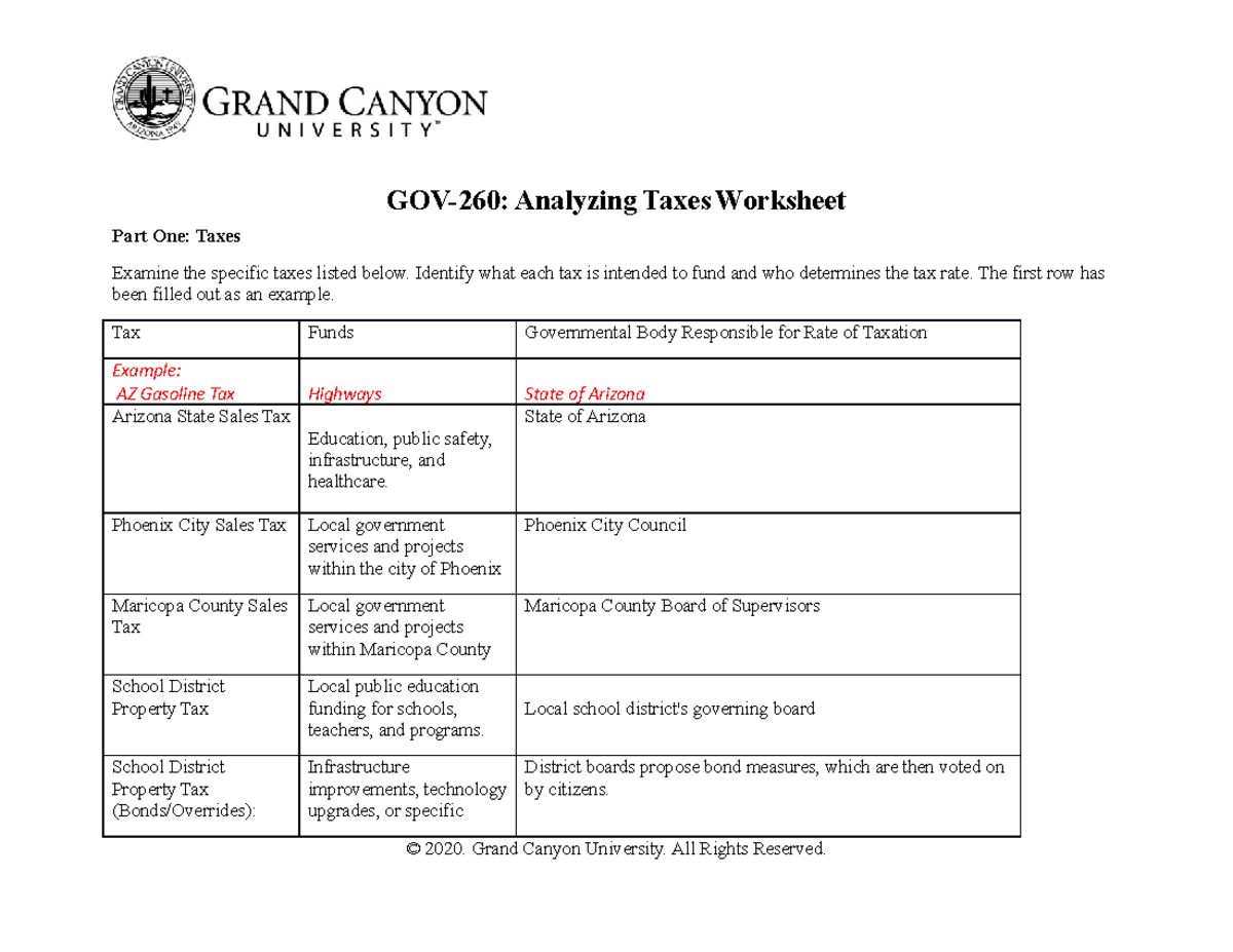 GOV-260 Analyzing Tax Worksheet - GOV 260 - GCU - Studocu