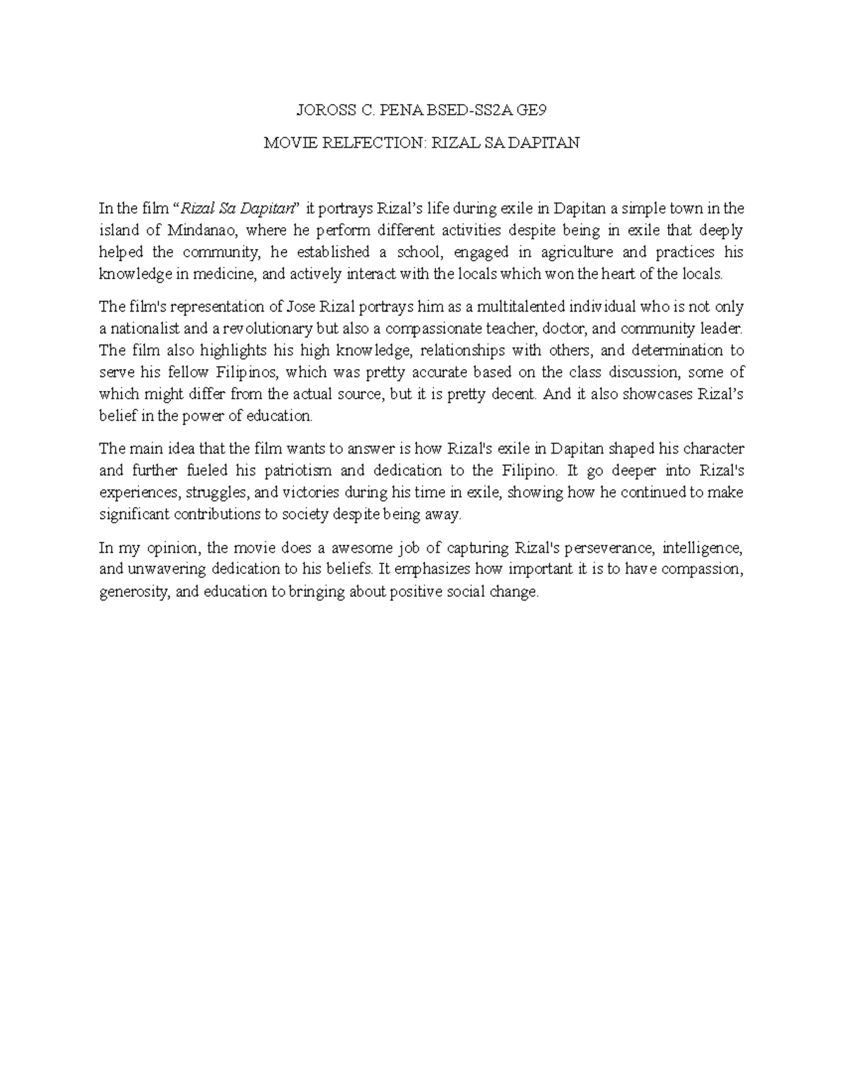 Movie Reflection - Hehe - JOROSS C. PENA BSED-SS2A GE MOVIE RELFECTION ...