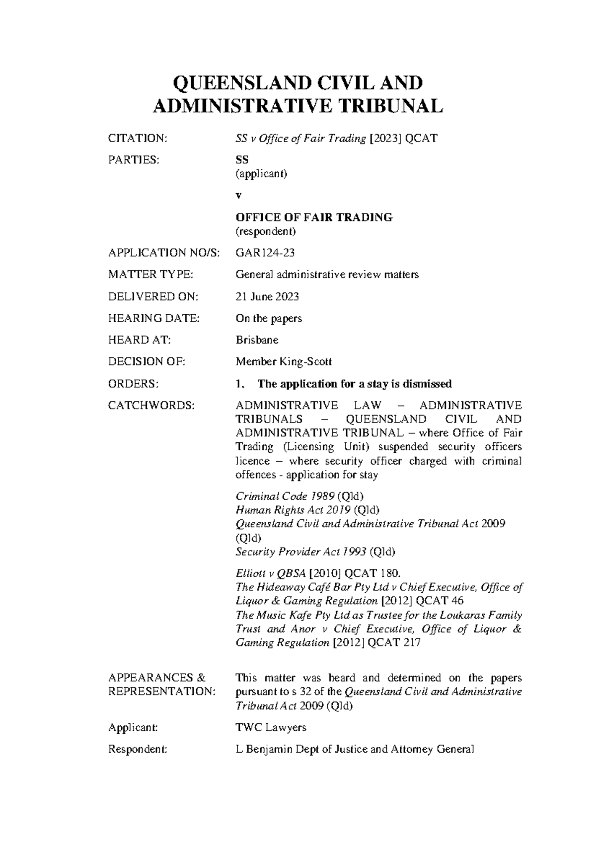 SS v OFT - Admin law case exmaple - QUEENSLAND CIVIL AND ADMINISTRATIVE ...