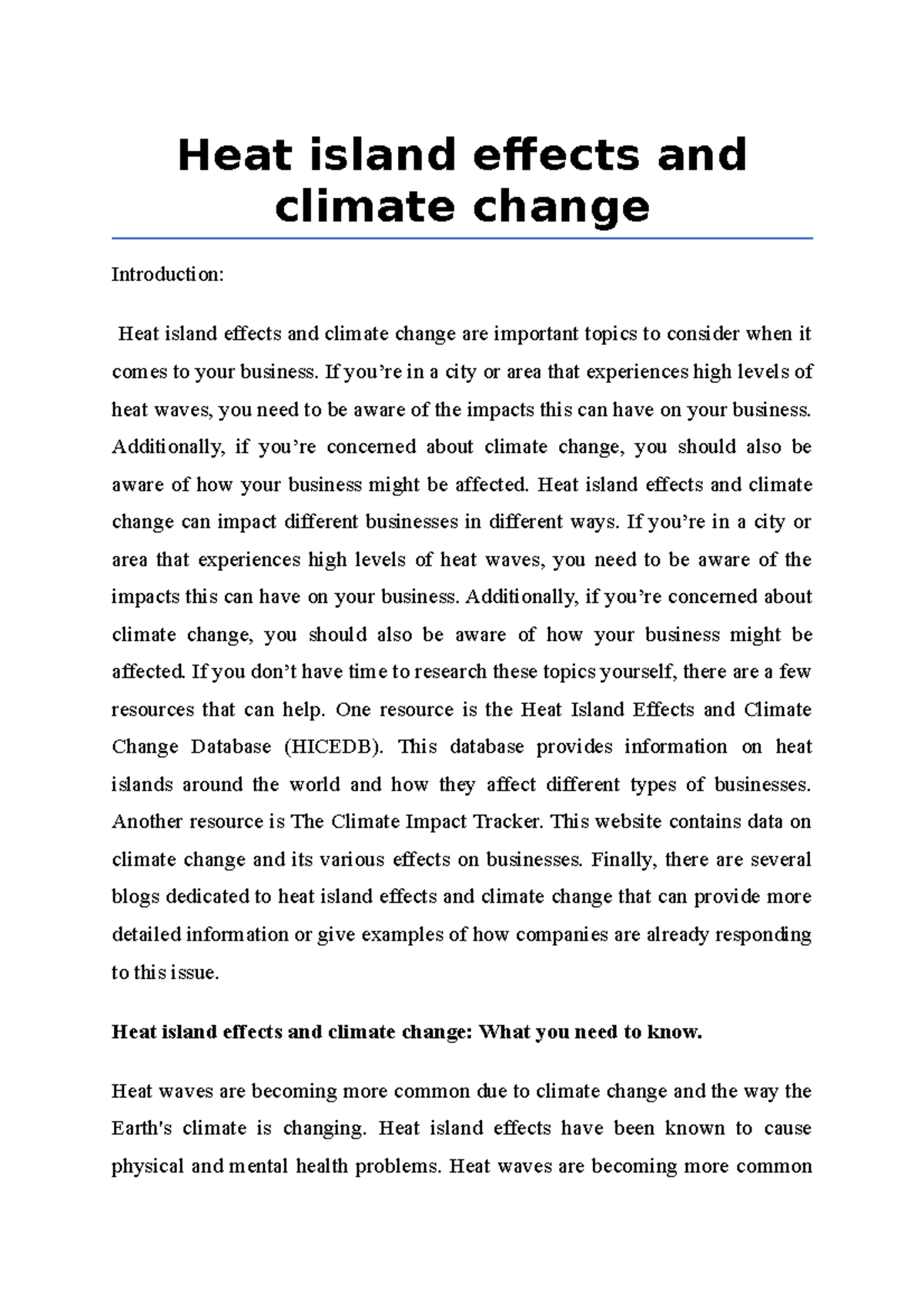 Heat island effects and climate change - Heat island effects and ...