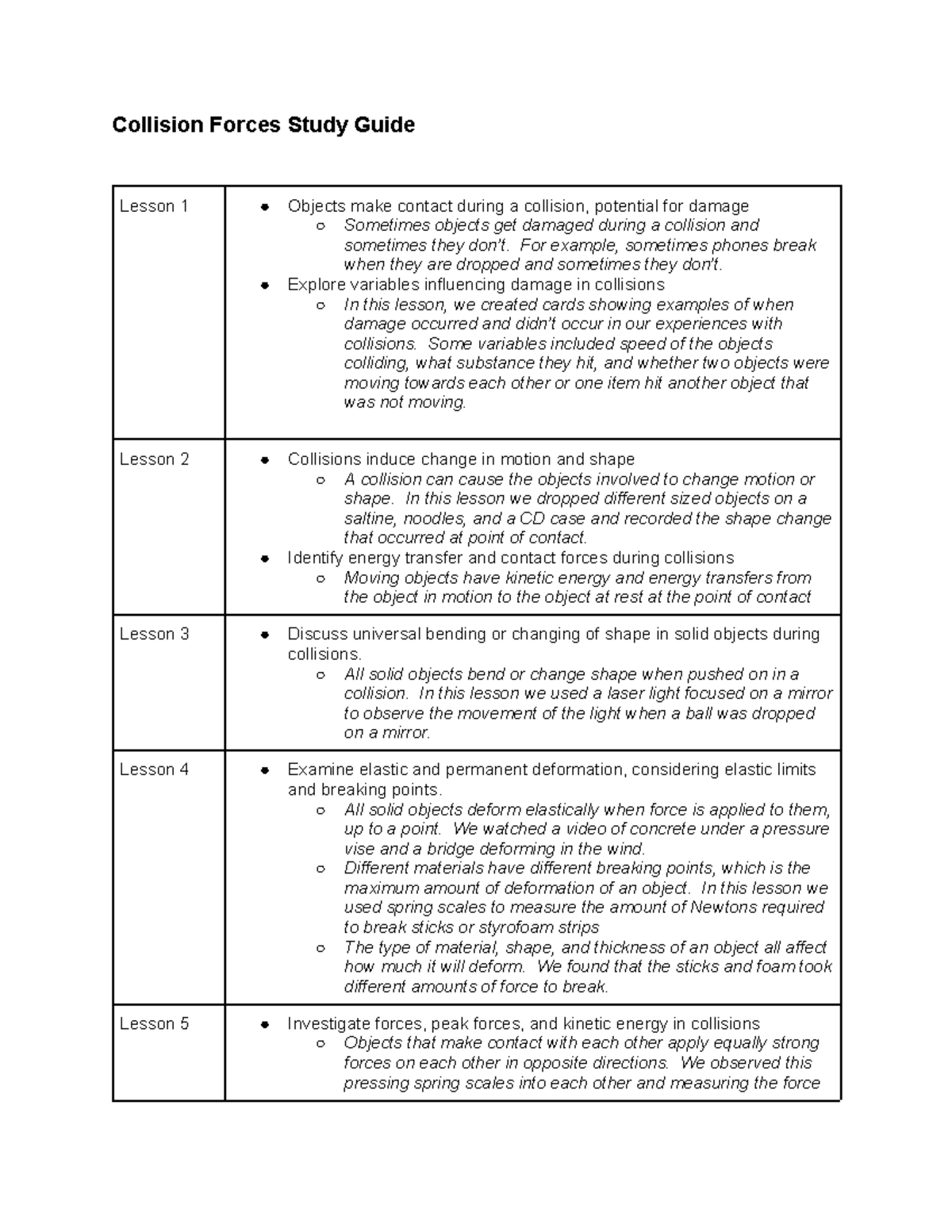 Study Guide - pracrice materials - Collision Forces Study Guide Lesson ...