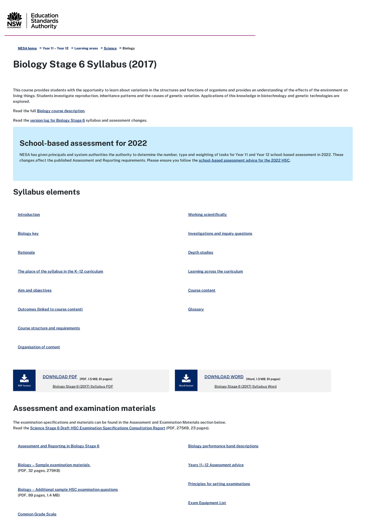 B Iology - syllabus notes - NESA home > Year 11 3 Year 12 > Learning ...