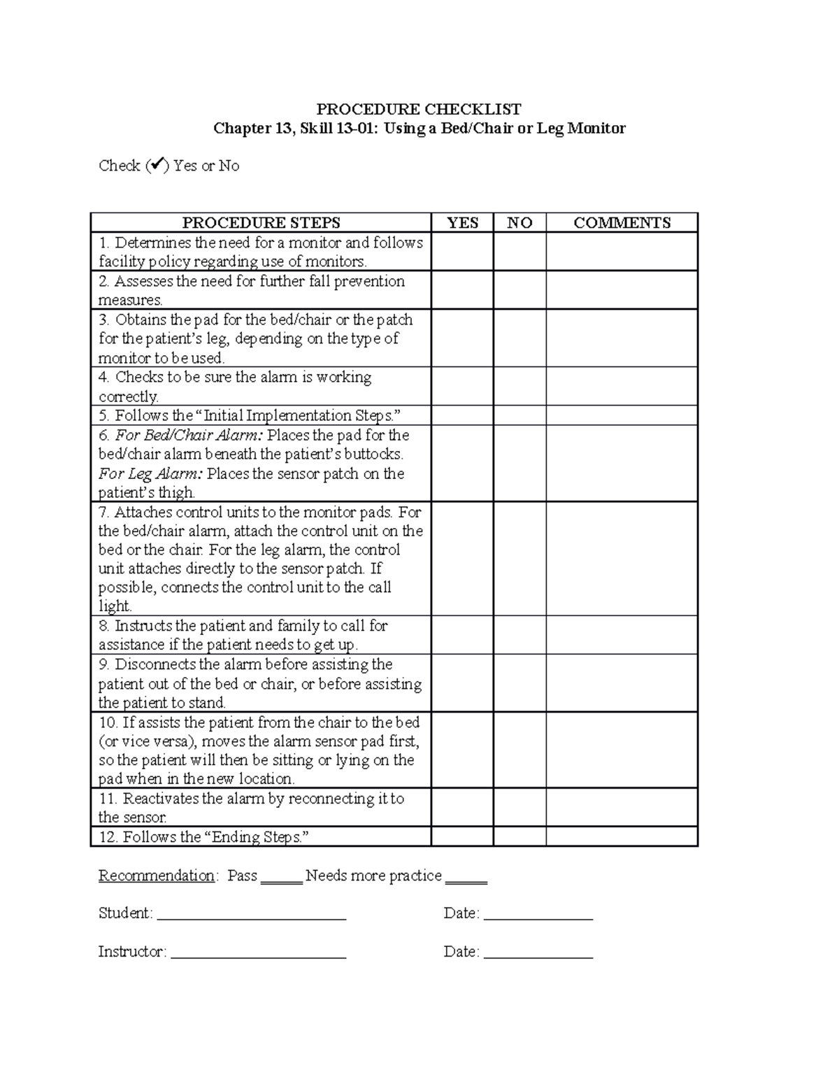 Skill 13-01 Using a Bed Chair or Leg Monitor - PROCEDURE CHECKLIST ...