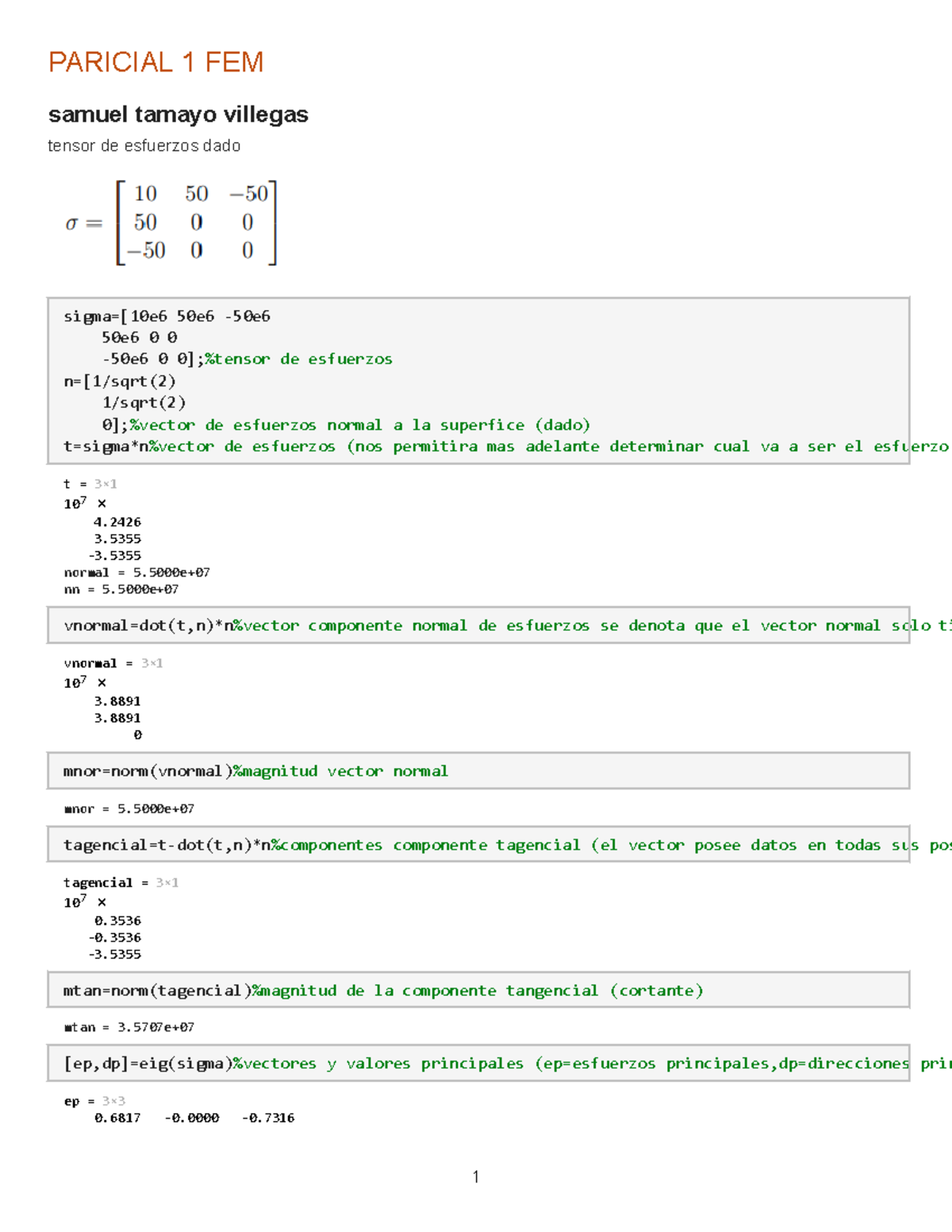 Parcial 1 FEM - PARICIAL 1 FEM samuel tamayo villegas tensor de ...