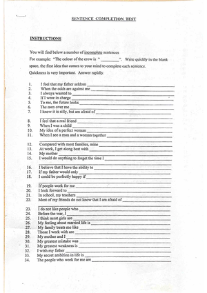 SSCT Handout - SACK’S SENTENCE COMPLETION TEST Aim To explore the ...