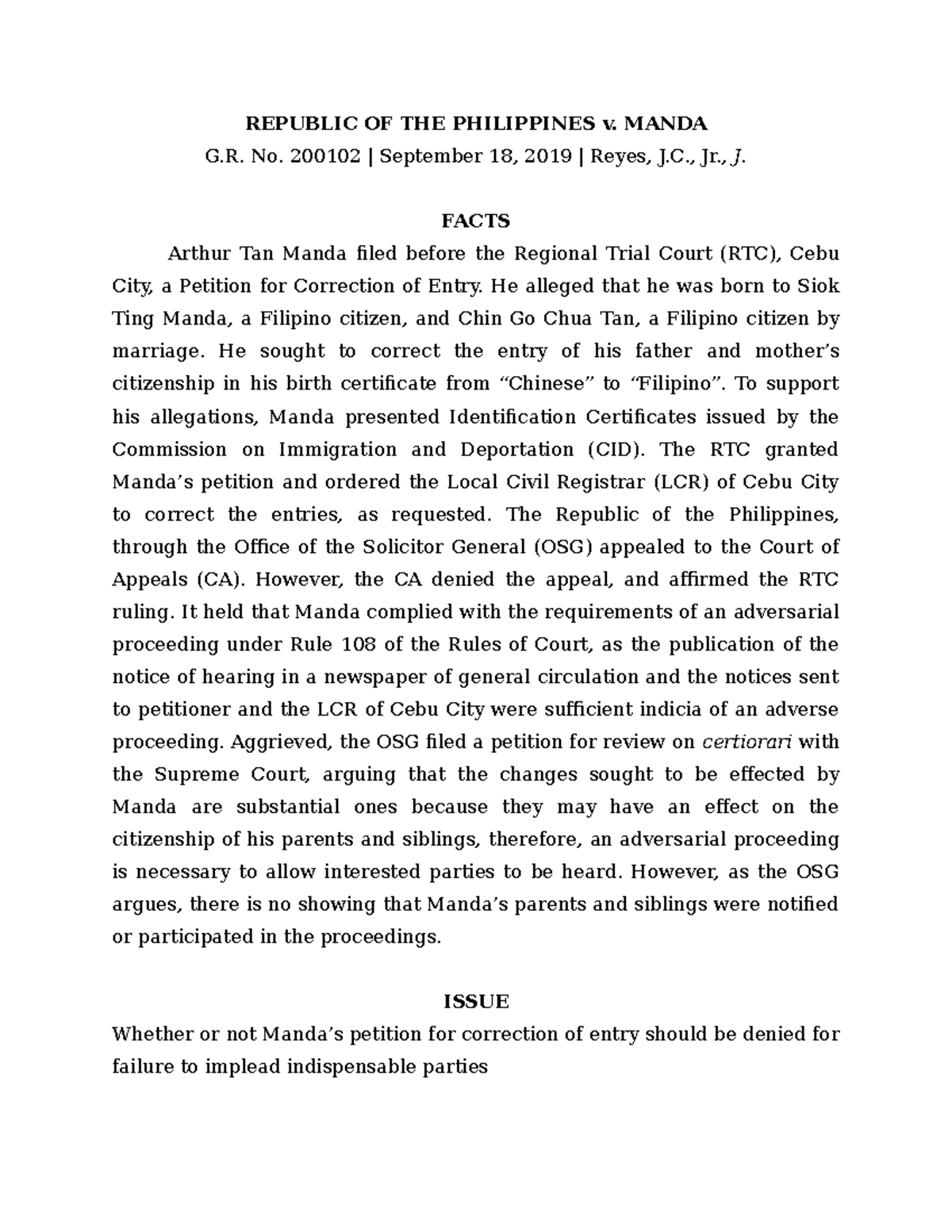 Republic v Manda - REPUBLIC OF THE PHILIPPINES v. MANDA G. No. 200102 ...