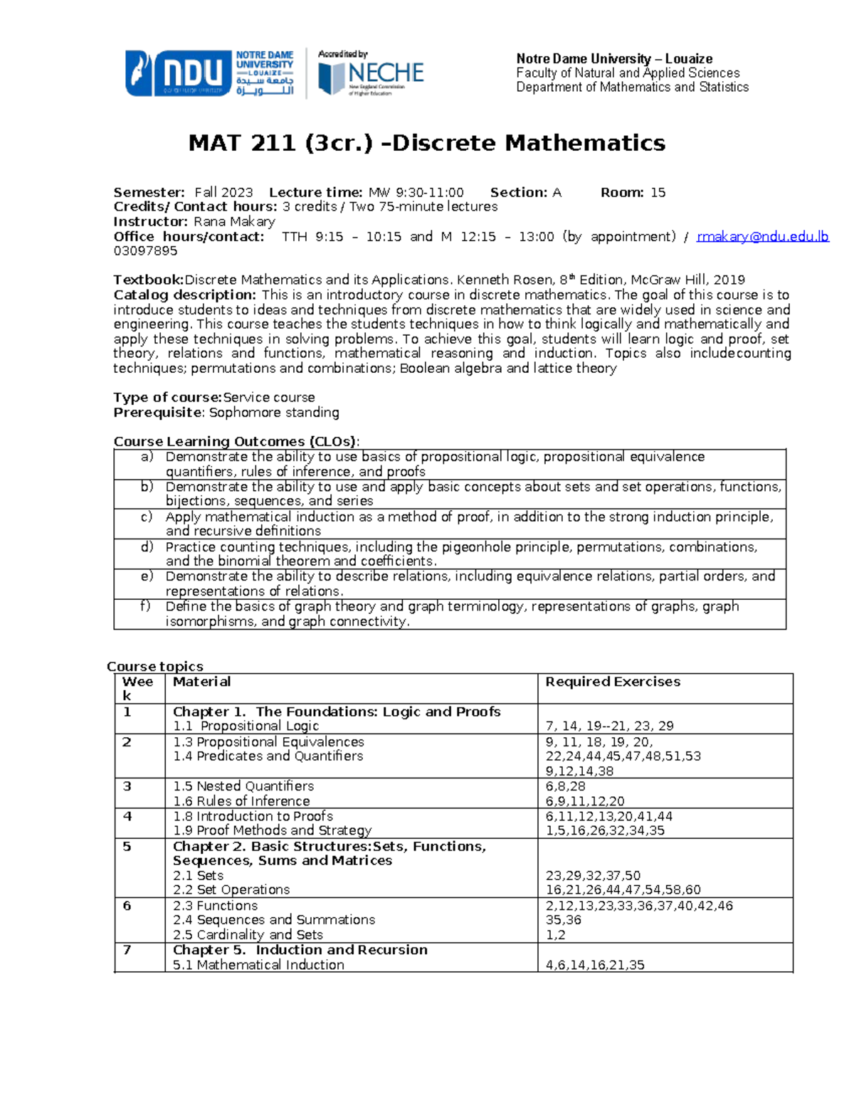 MAT 211 Syllabus Fall 2023(updated) - MAT 211 (3cr.) –Discrete ...