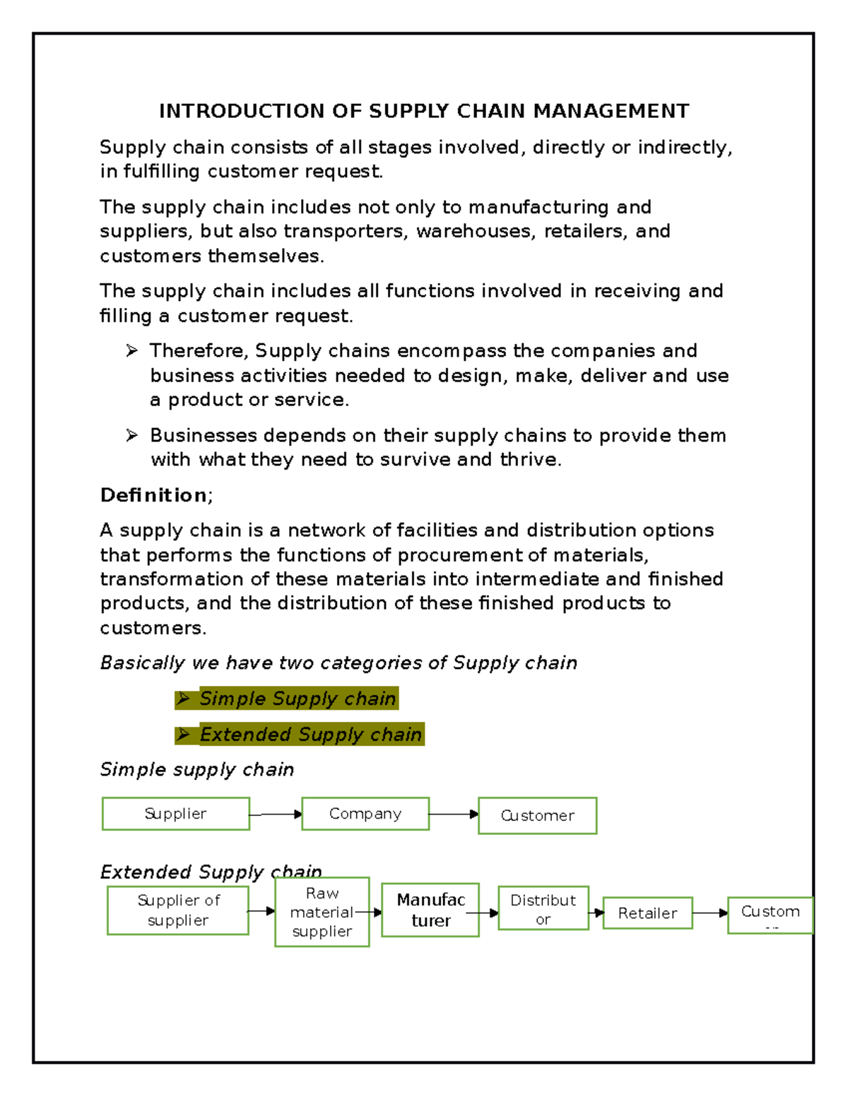 SCM - notes - INTRODUCTION OF SUPPLY CHAIN MANAGEMENT Supply chain ...