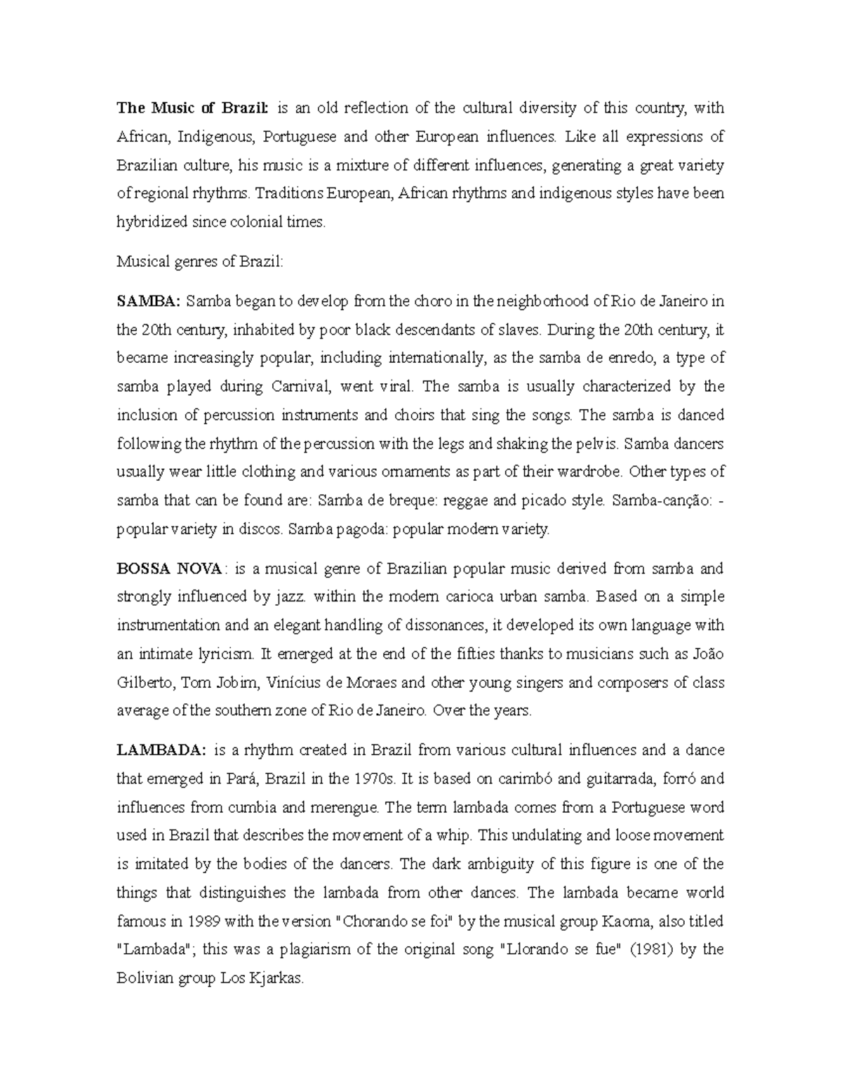 Integrative Activity Level VIII - The Music of Brazil: is an old ...