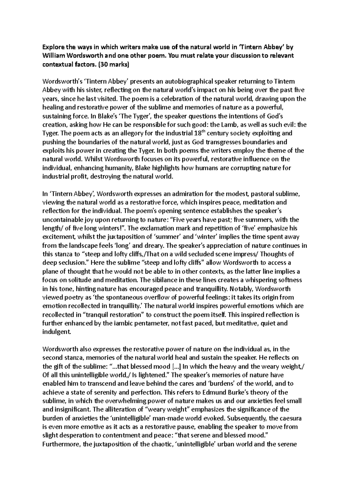 Sample essay nature Tintern Abbey - Explore the ways in which writers ...