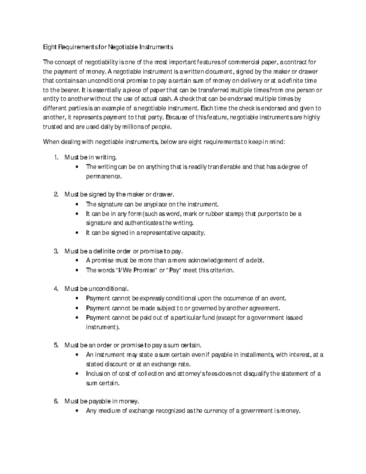 Negotiable Instruments - A negotiable inst rument is a w rit ten ...