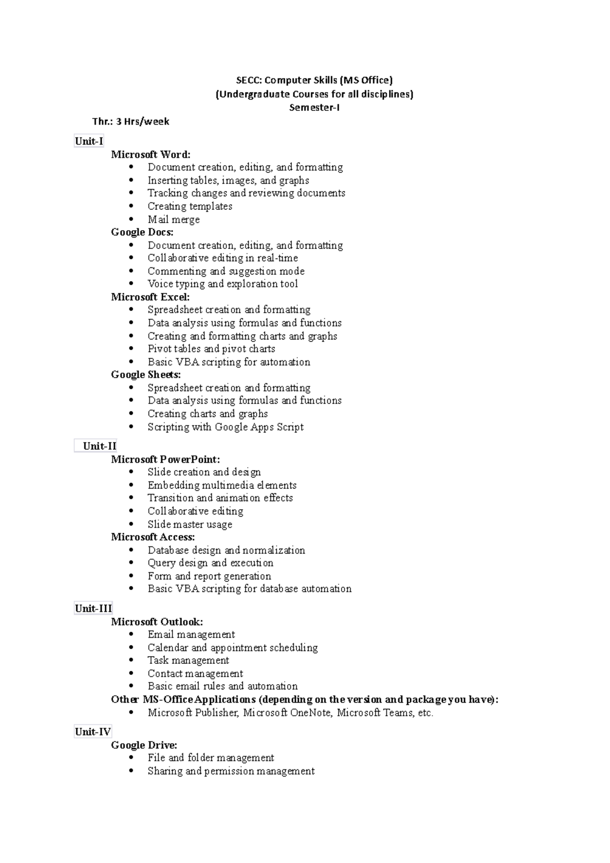 Computer Skills 3 Hrs Week Unit I Microsoft Word Document Creation