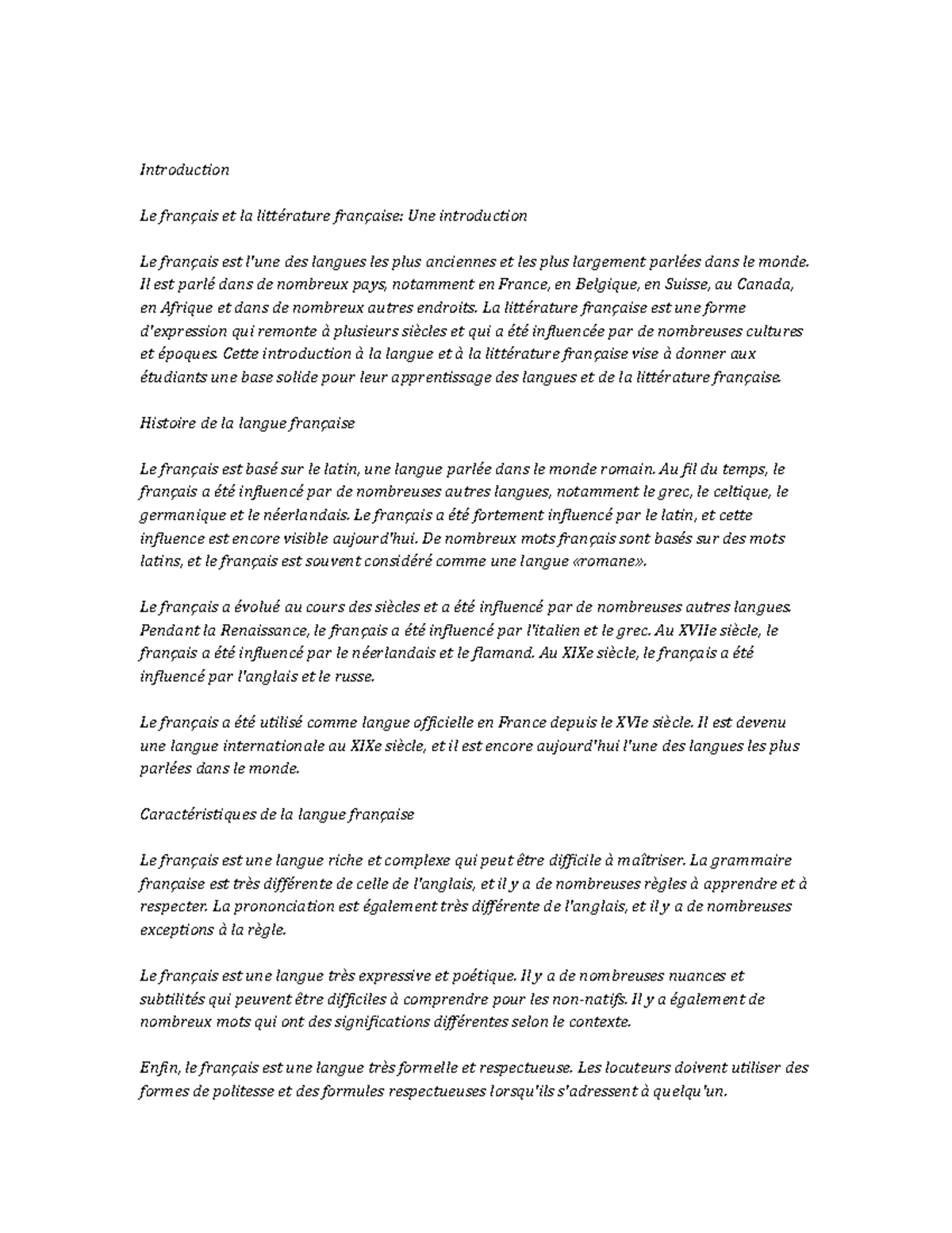 French Language and Literature Study Notes - Introduction Le français ...