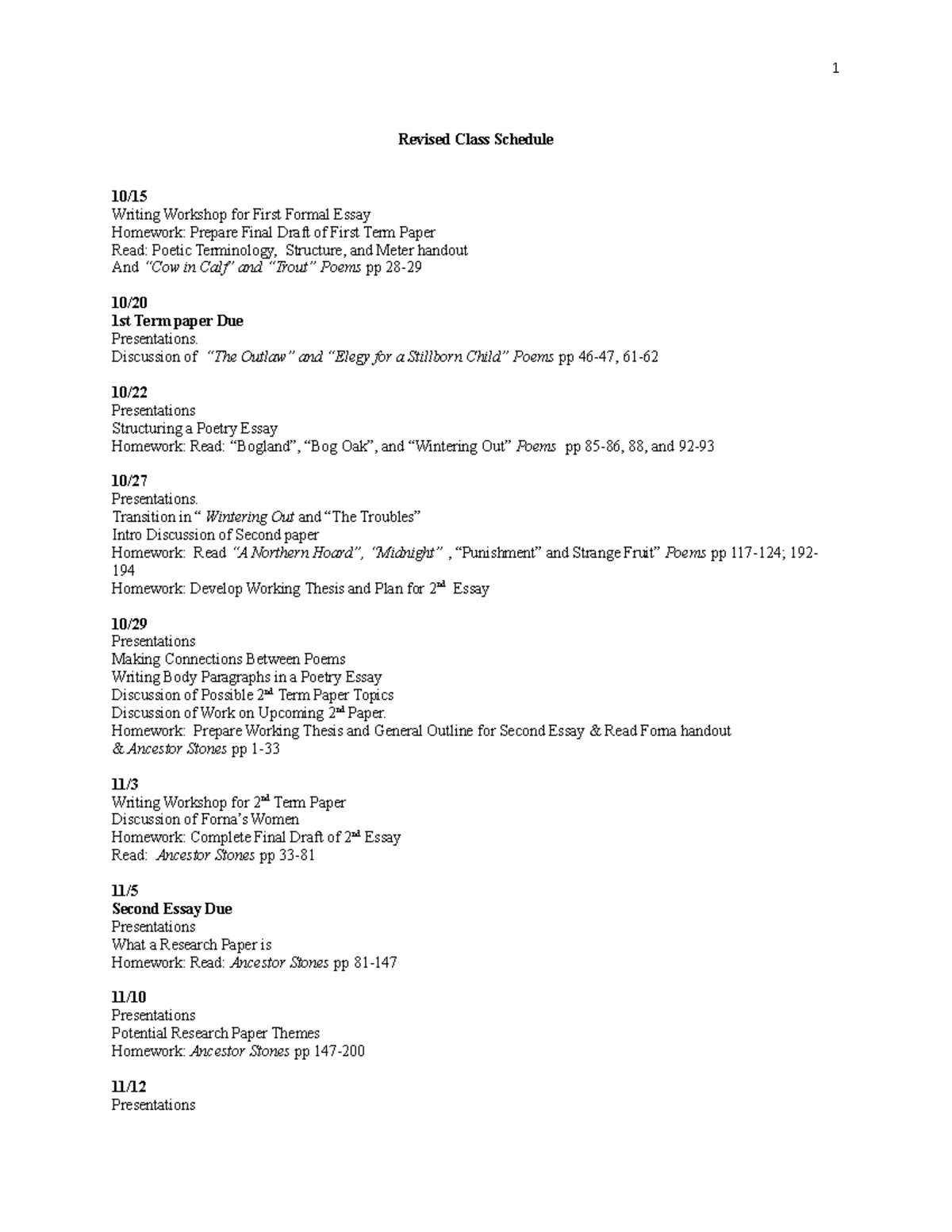 English 105 Fall 2009 Revised Schedule - 1 Revised Class Schedule 10 ...