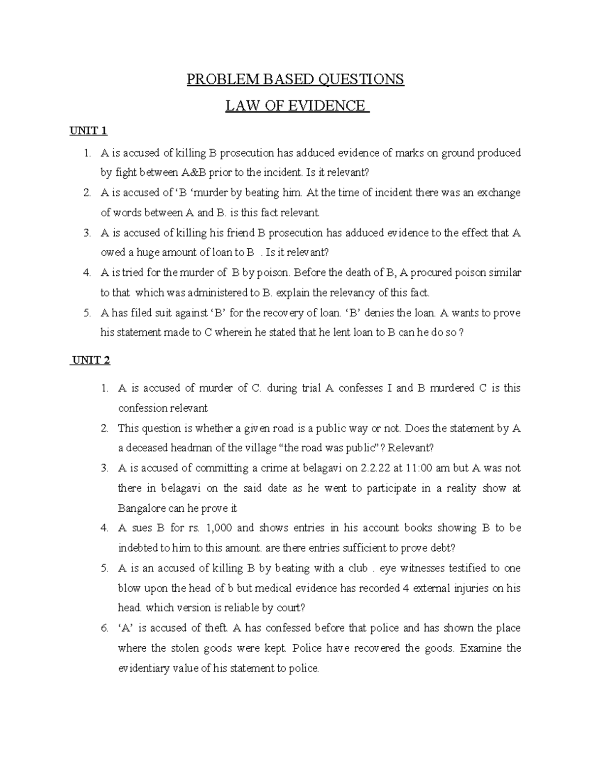Problem Based Questions - PROBLEM BASED QUESTIONS LAW OF EVIDENCE UNIT ...