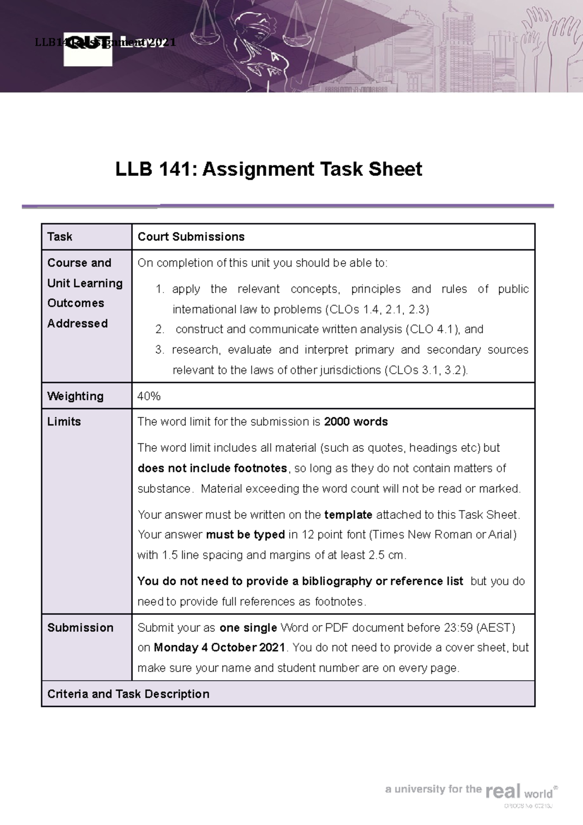 LLB 141 Assignment Task Sheet and CRA2 - BL - LLB141: Assignment 2021 ...