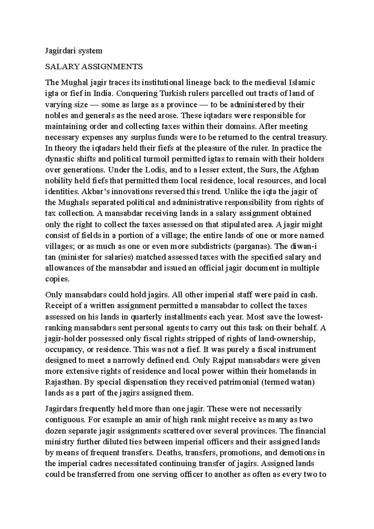 Jagirdari system - Jagirdari system SALARY ASSIGNMENTS The Mughal jagir ...