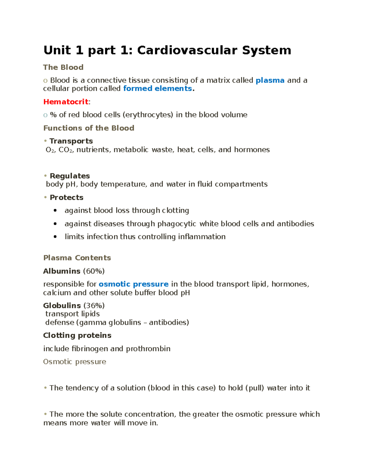ANAT 1053 Study Notes - Unit 1 part 1: Cardiovascular System The Blood ...
