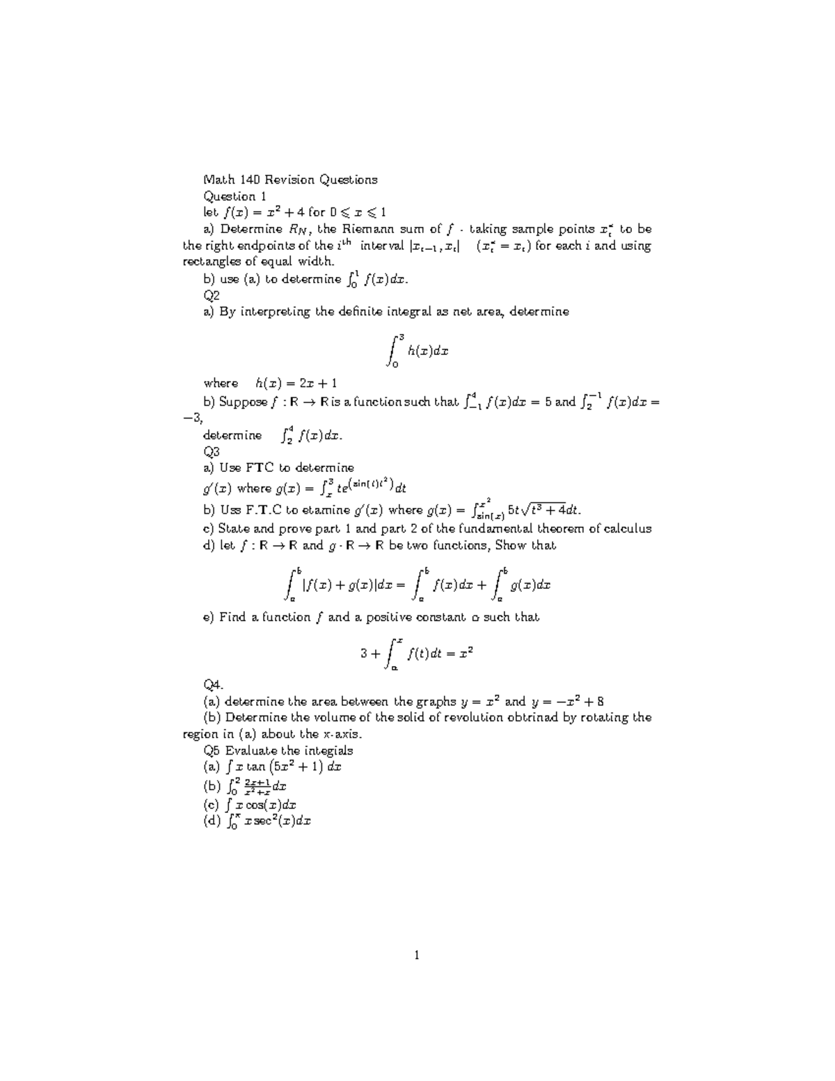 Revision Questions - Math 140 Revision Questions Question 1 let f (x ...