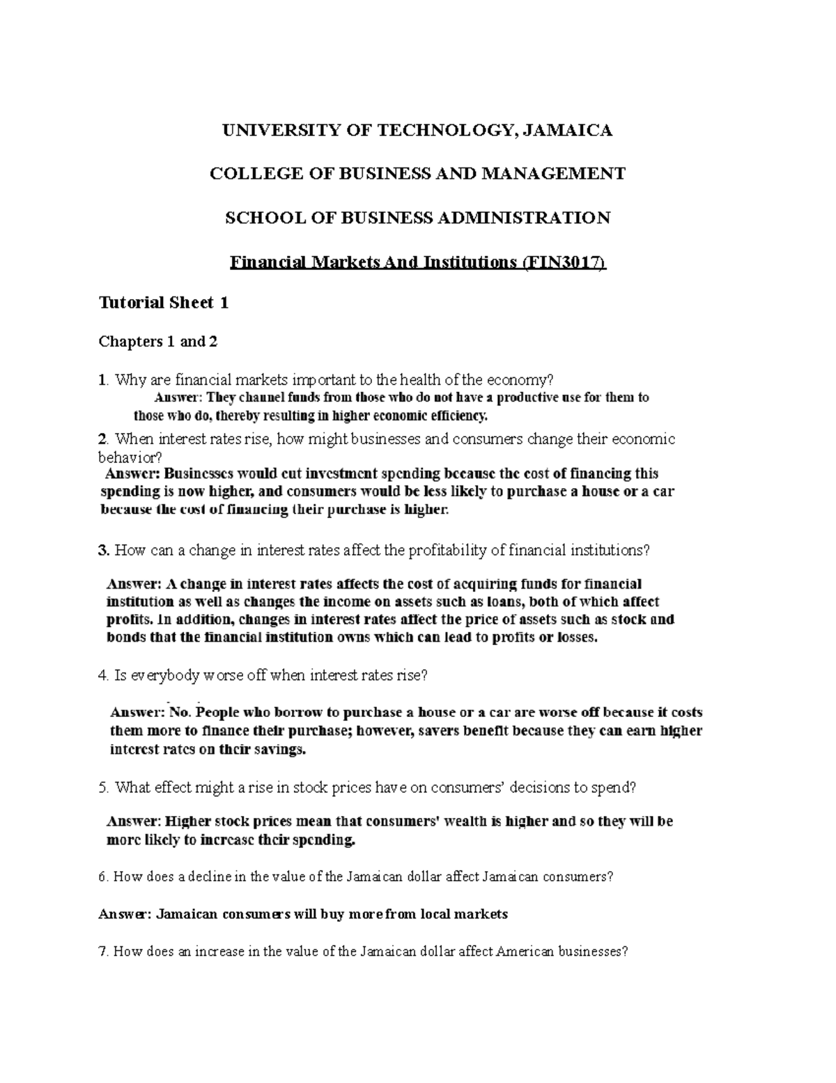 Financial Markets Institutions Tutorial Sheet 1 - UNIVERSITY OF ...