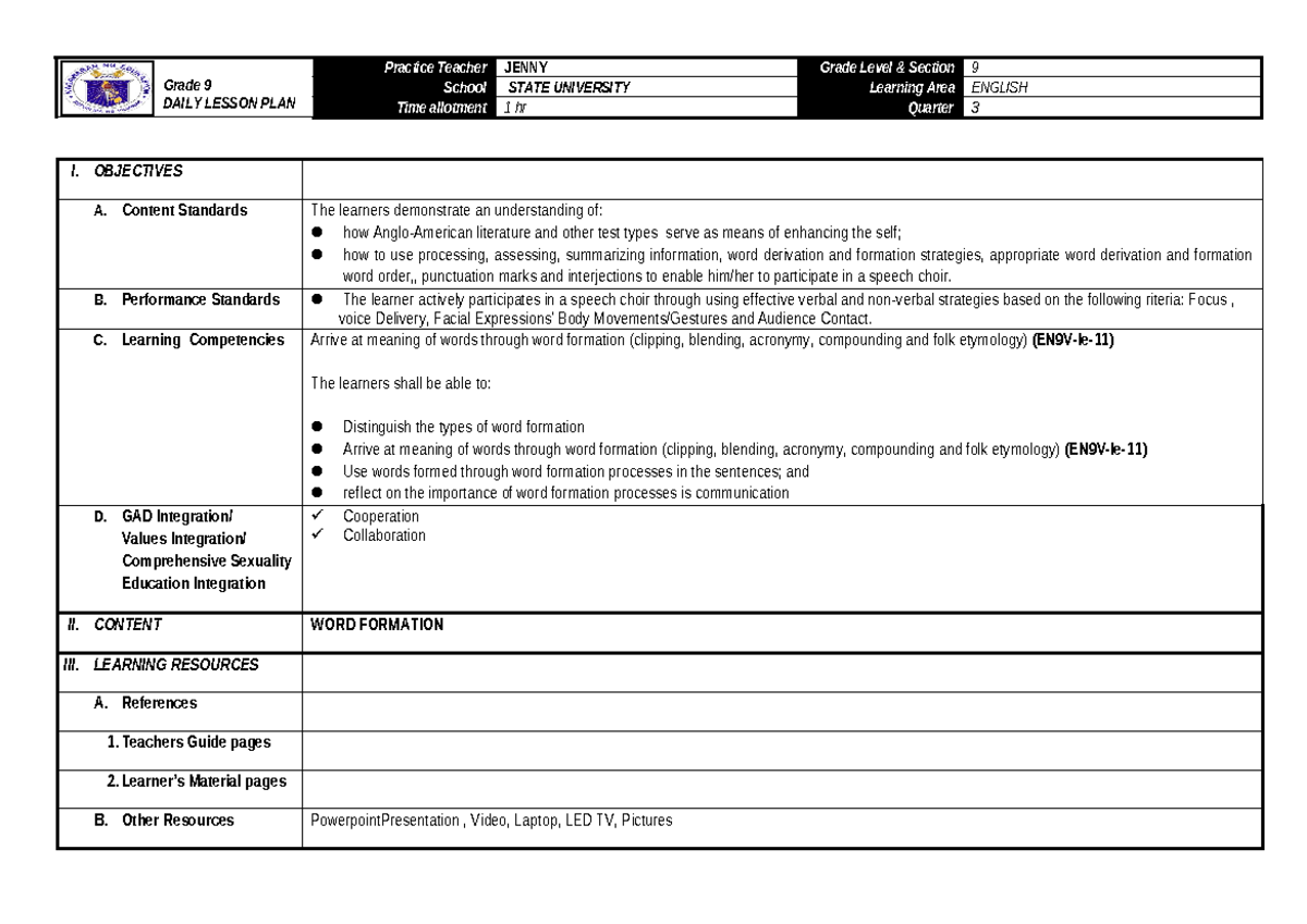 DLP edts - word formation grade9 - Grade 9 DAILY LESSON PLAN Practice ...
