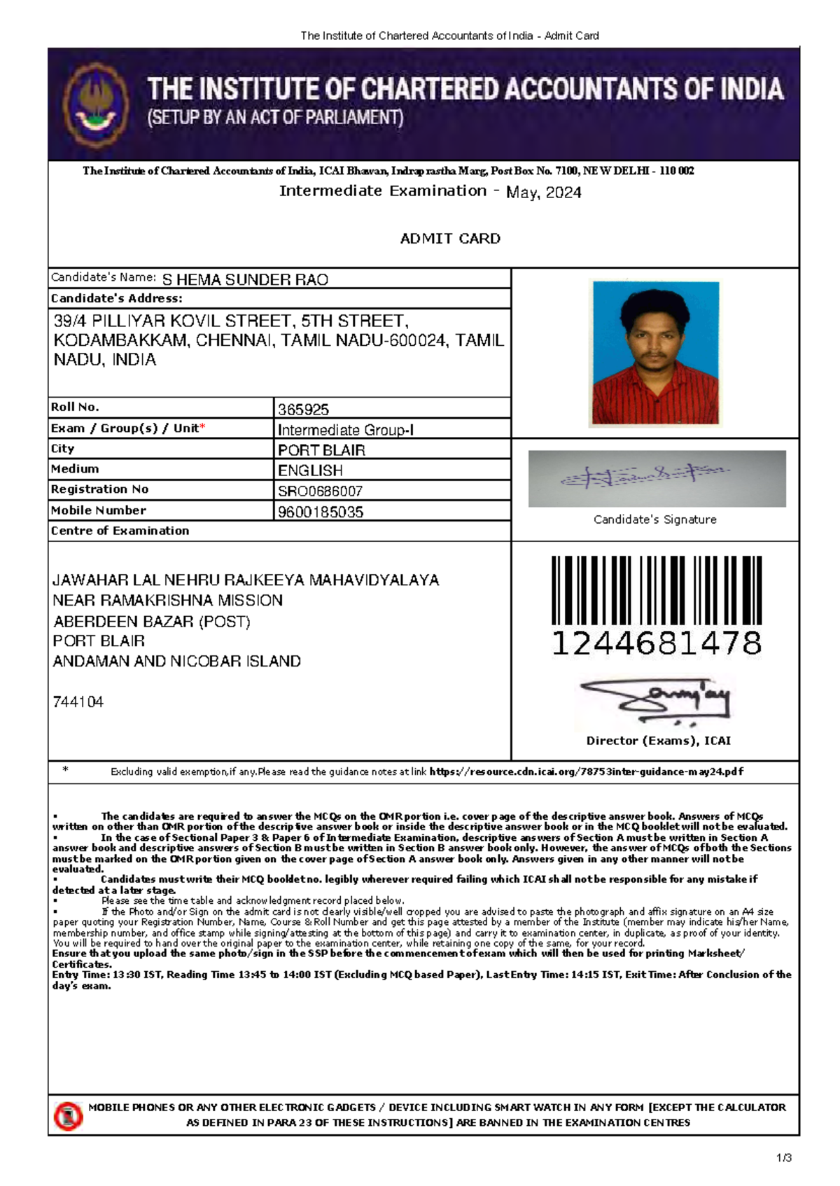 Admit Card - Yes - 1/ 3 The Institute of Chartered Accountants of India ...