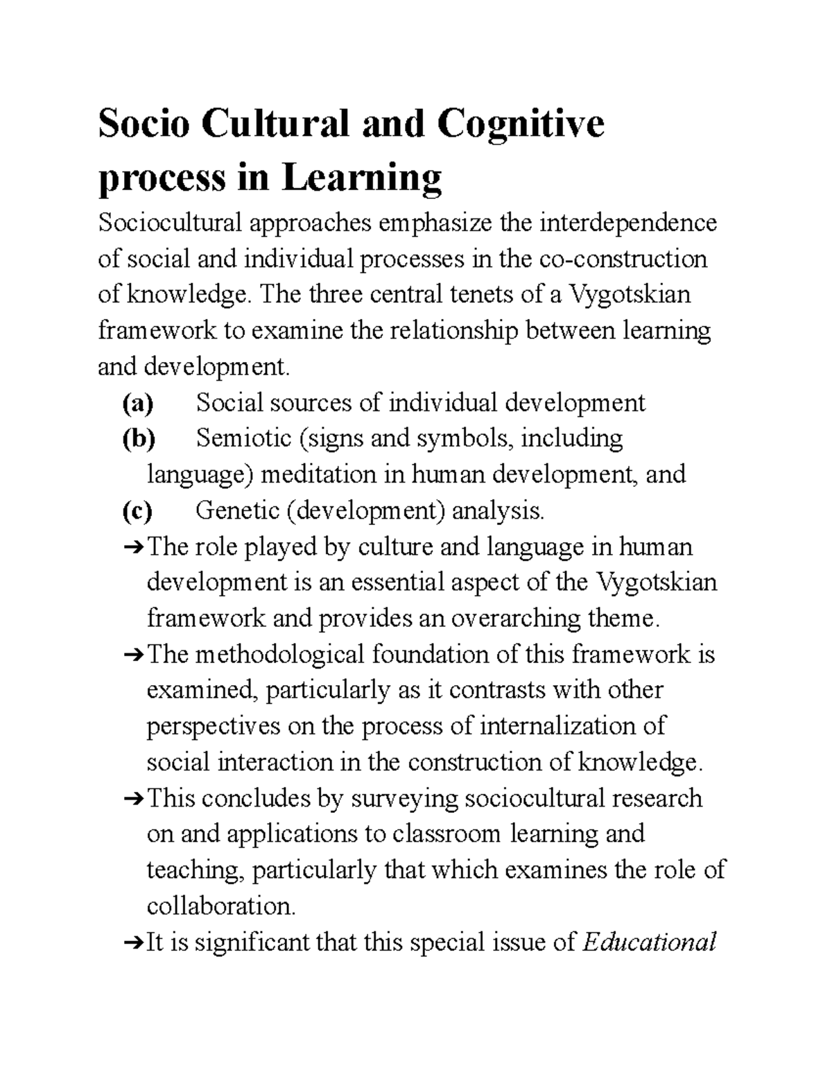 Socio Cultural and Cognitive process in Learning - Socio Cultural and ...