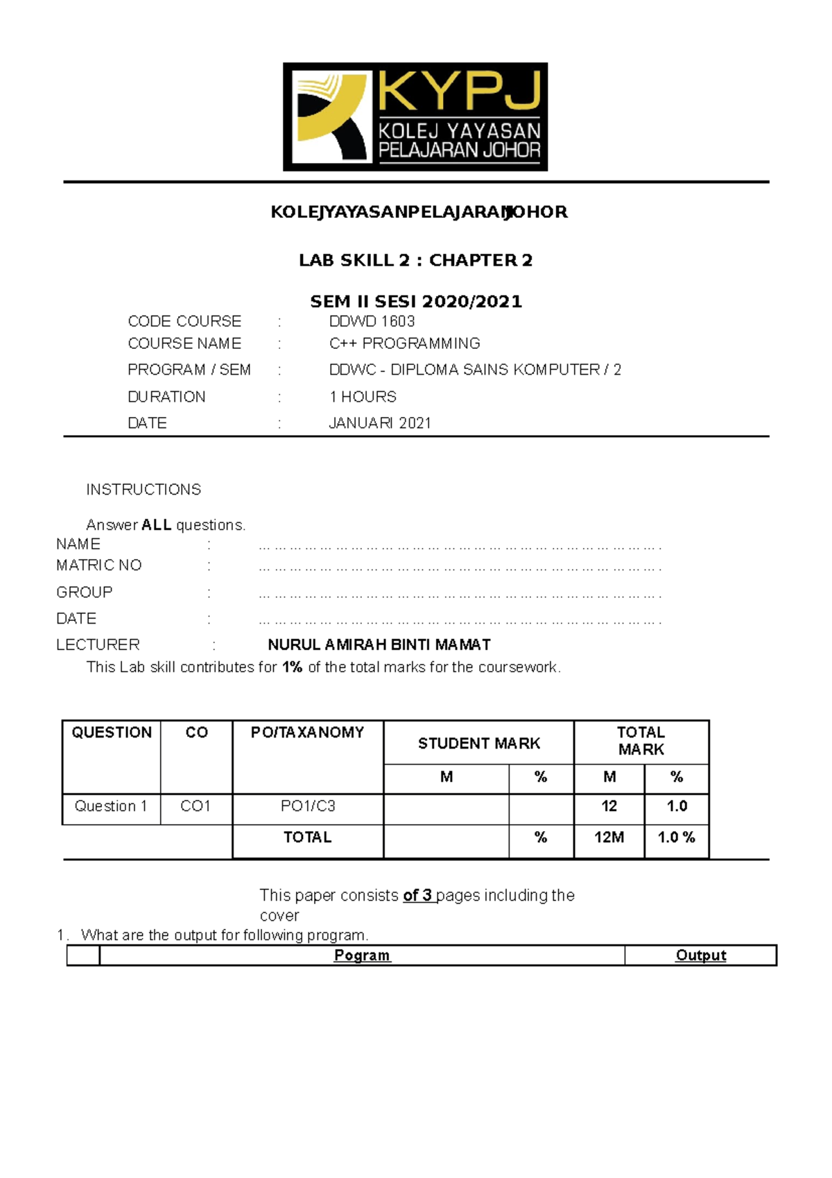 Document - hello - LAB SKILL 2 : CHAPTER 2 SEM II SESI 2020/ CODE ...