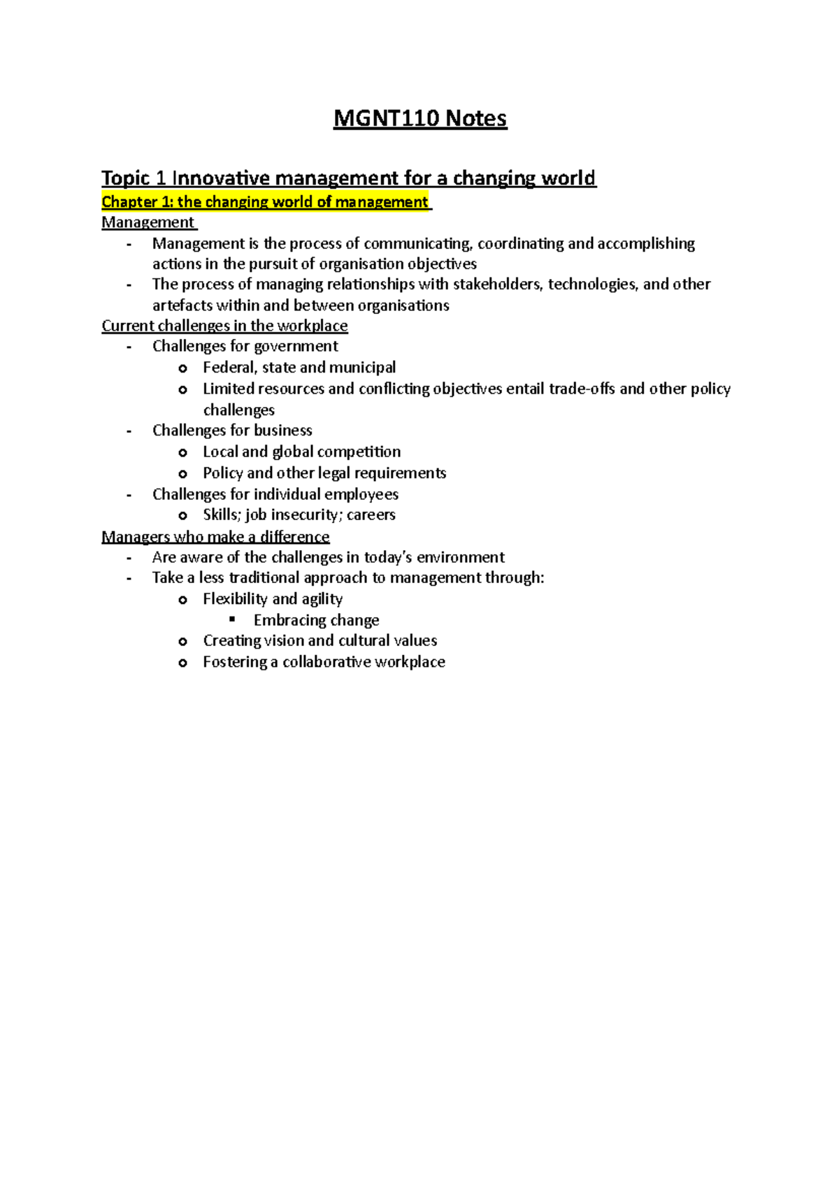 MGNT110 Notes - MGNT110 Notes Topic 1 Innovative management for a ...