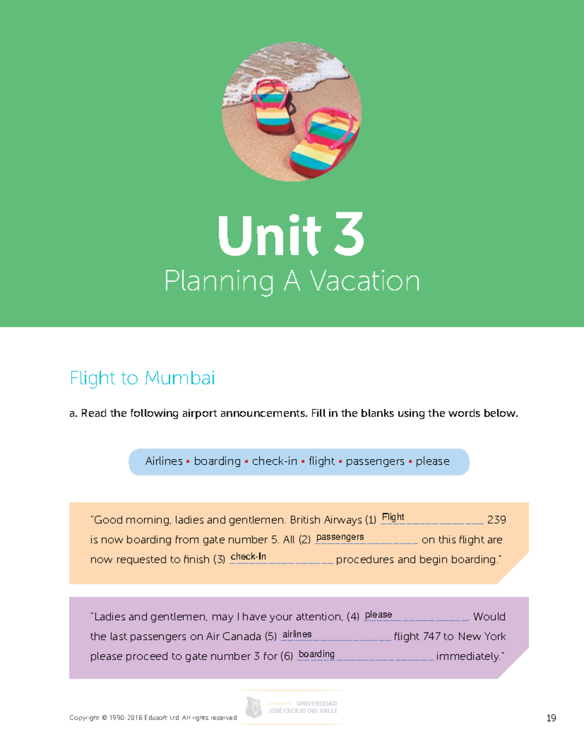 Basic 3 Workbook Unit 3 - Flight to Mumbai a. Read the following ...