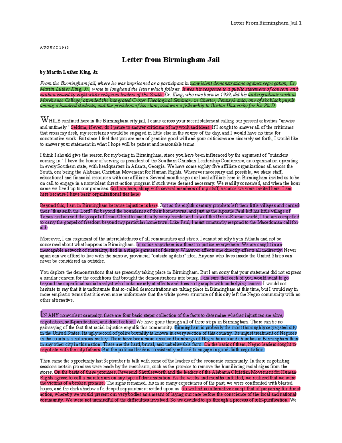 Birmingham letter highlights ul - A U G U S T 1 9 6 3 Letter from ...