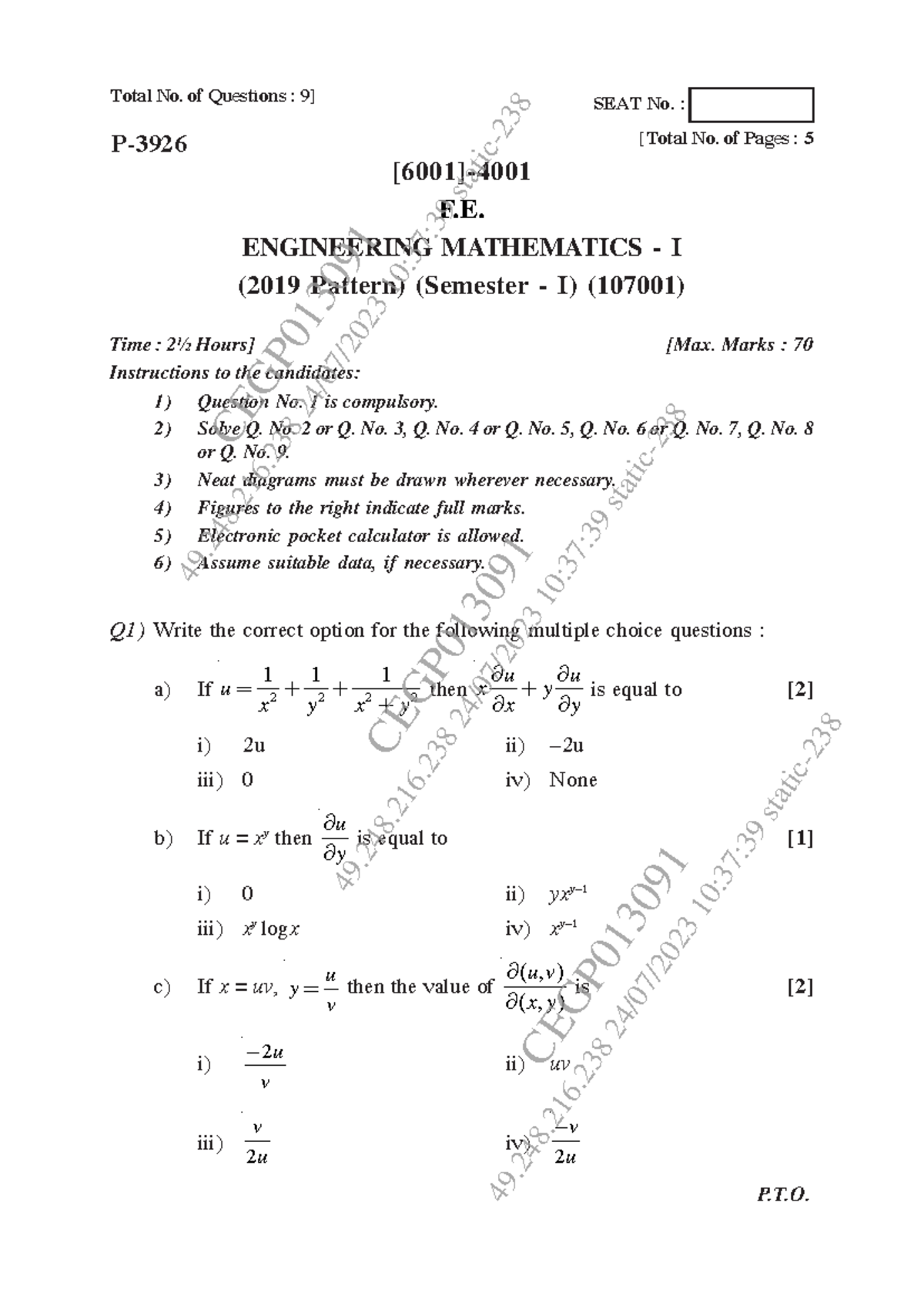 question papers - Q1) Write the correct option for the following ...
