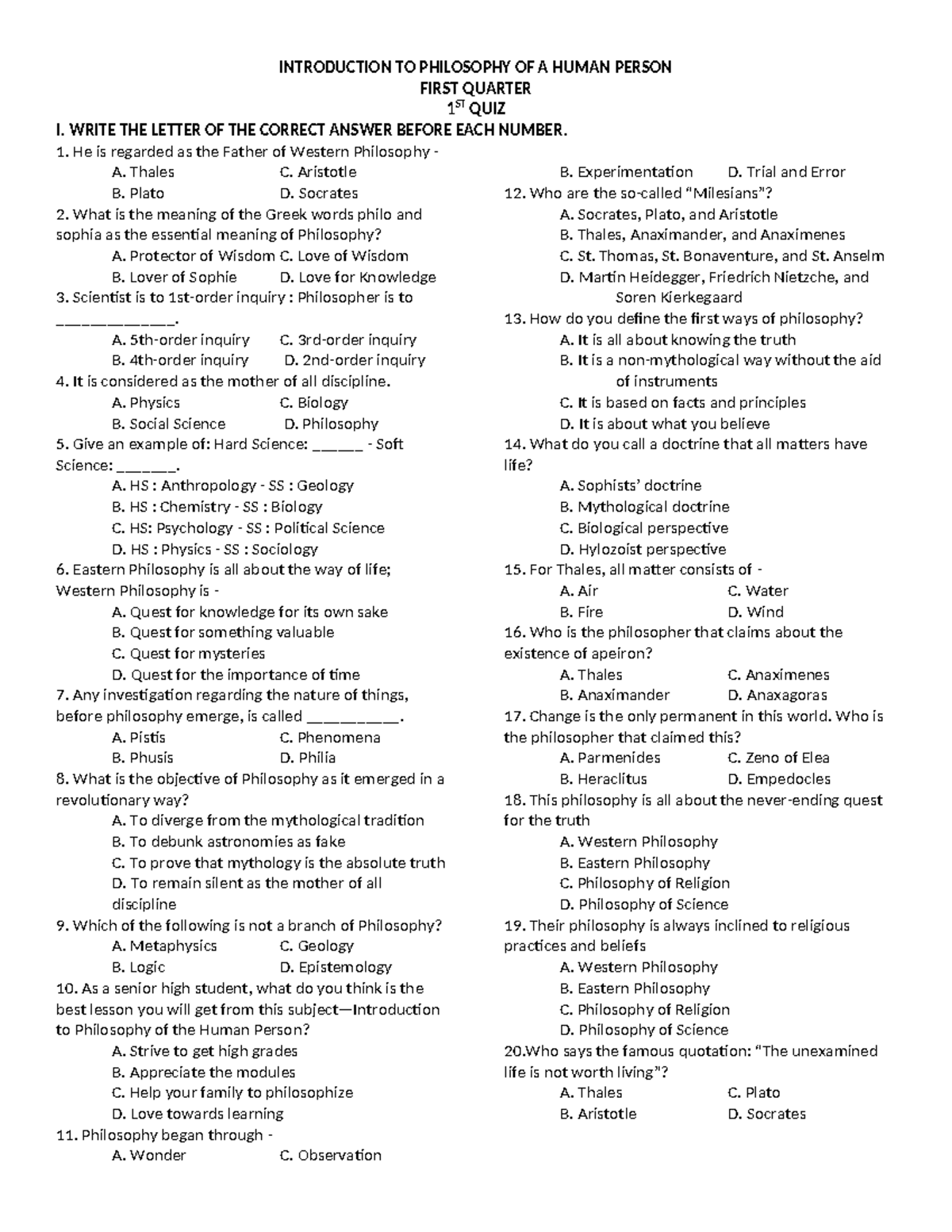 Q1-QUIZ1 - Lesson 1-3 - INTRODUCTION TO PHILOSOPHY OF A HUMAN PERSON ...