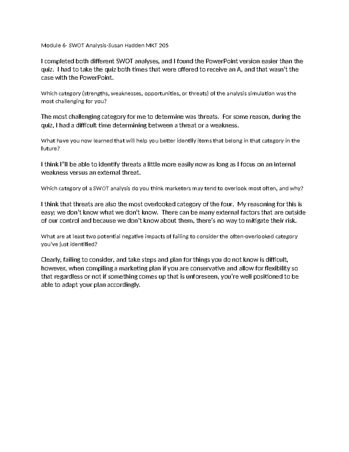 Module 6 SWOT analysis assignment - Module 6- SWOT Analysis-Susan ...