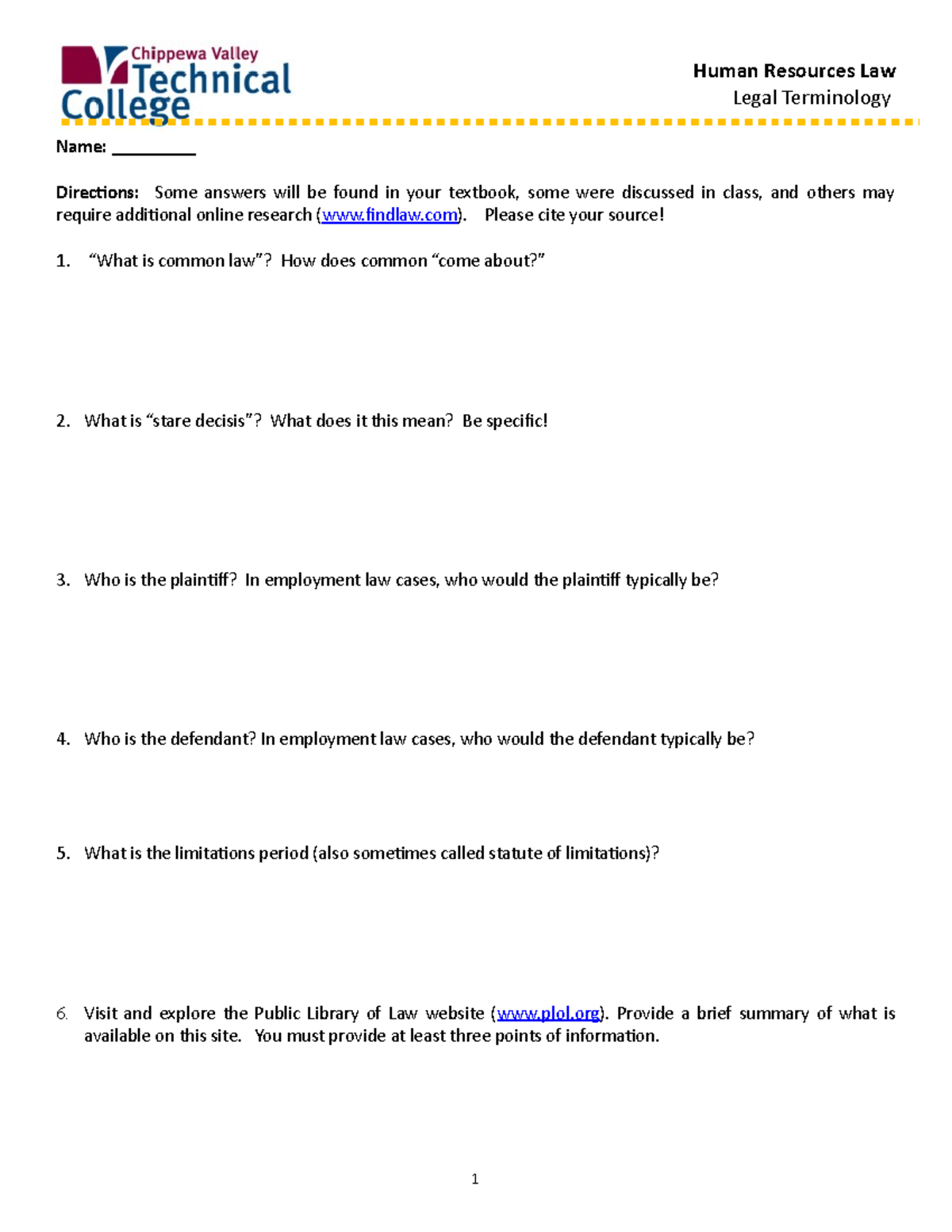 02Legal Terminology Worksheet-1 - Human Resources Law Legal Terminology ...