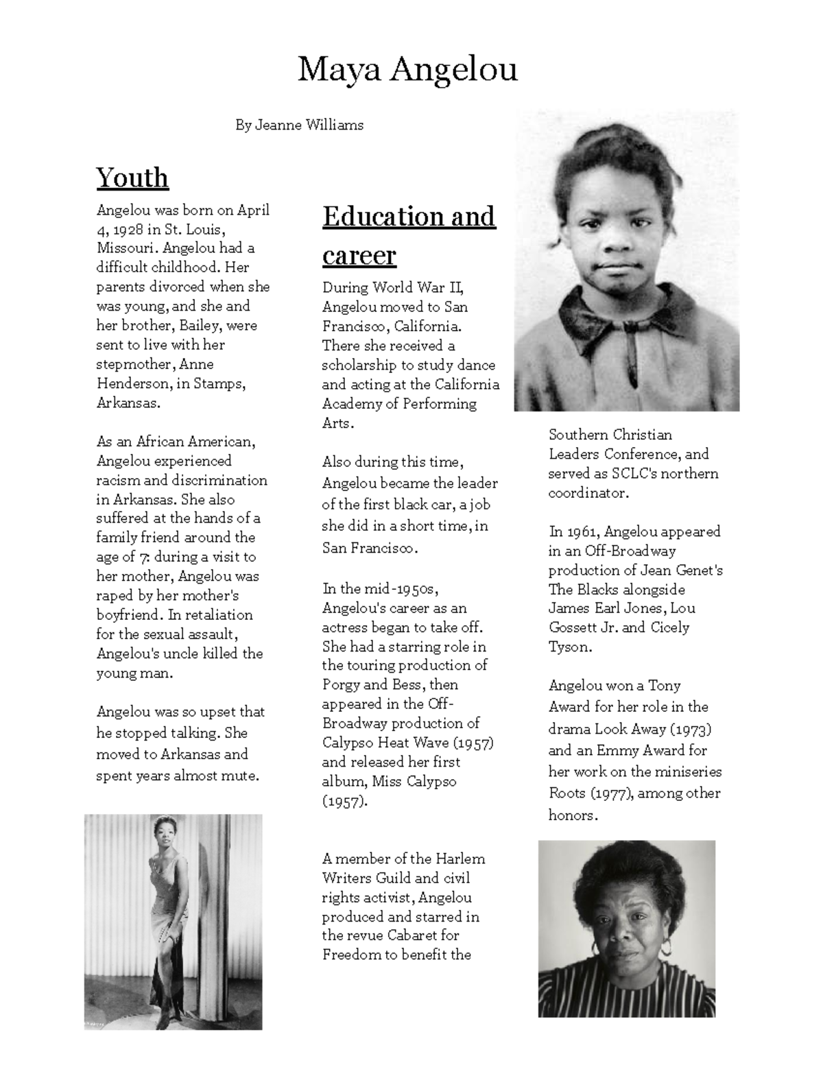 Biagrophy- Maya Angelou - Maya Angelou By Jeanne Williams Youth Angelou ...