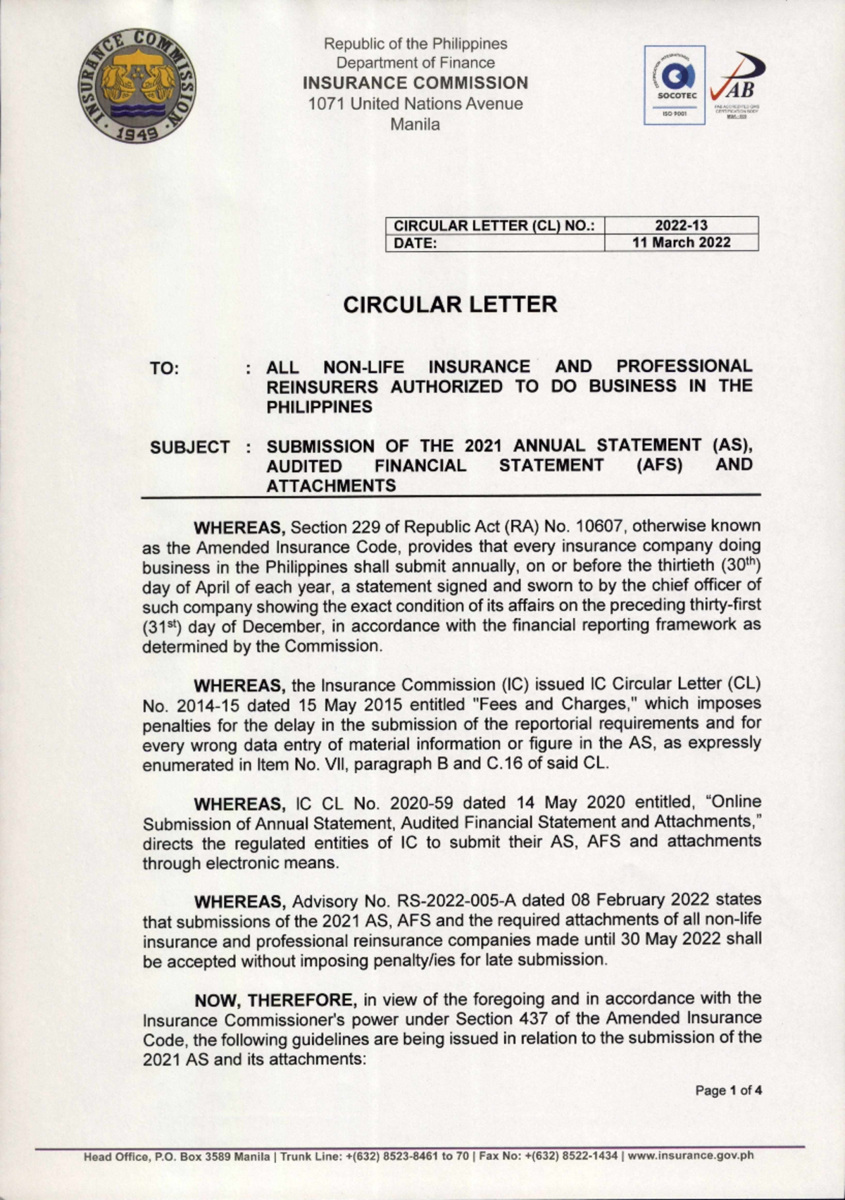 Submission of the 2021 Annual Statement (AS), Audited Financial ...