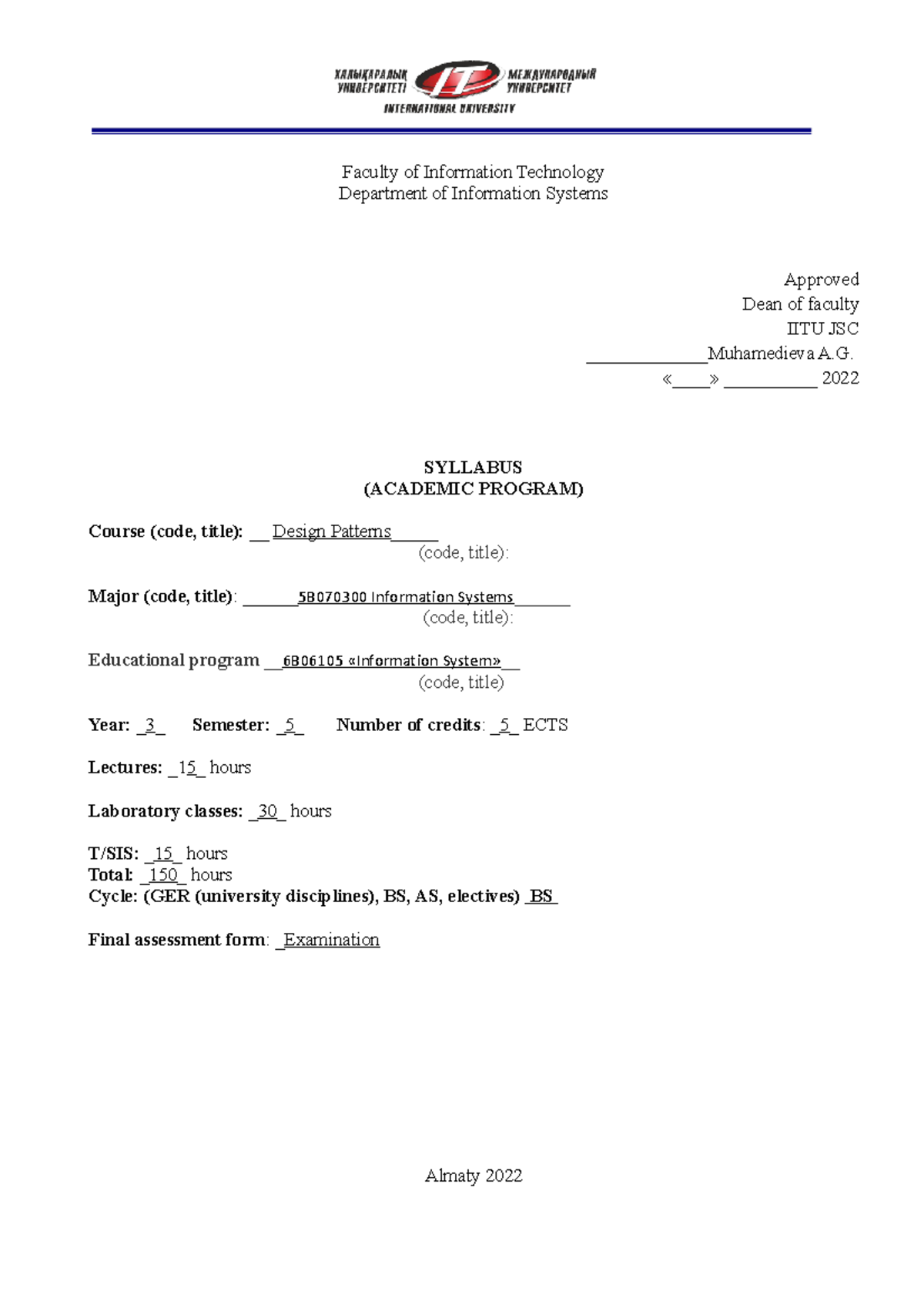 Syllabus Design Patterns Karimzhan(01092022) - Faculty of Information ...