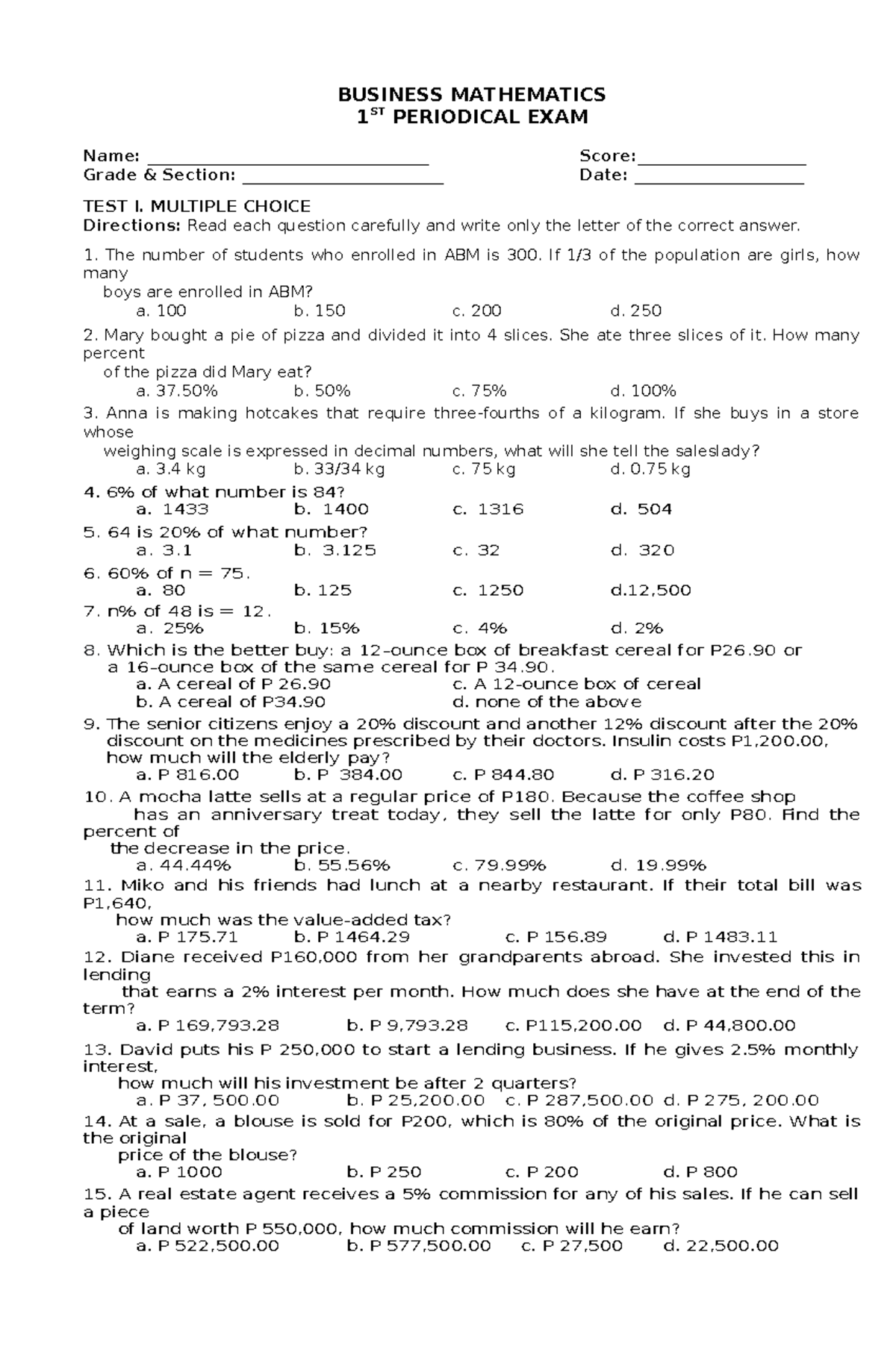 BUS- Period 1 - BUSINESS MATHEMATICS 1 ST PERIODICAL EXAM Name