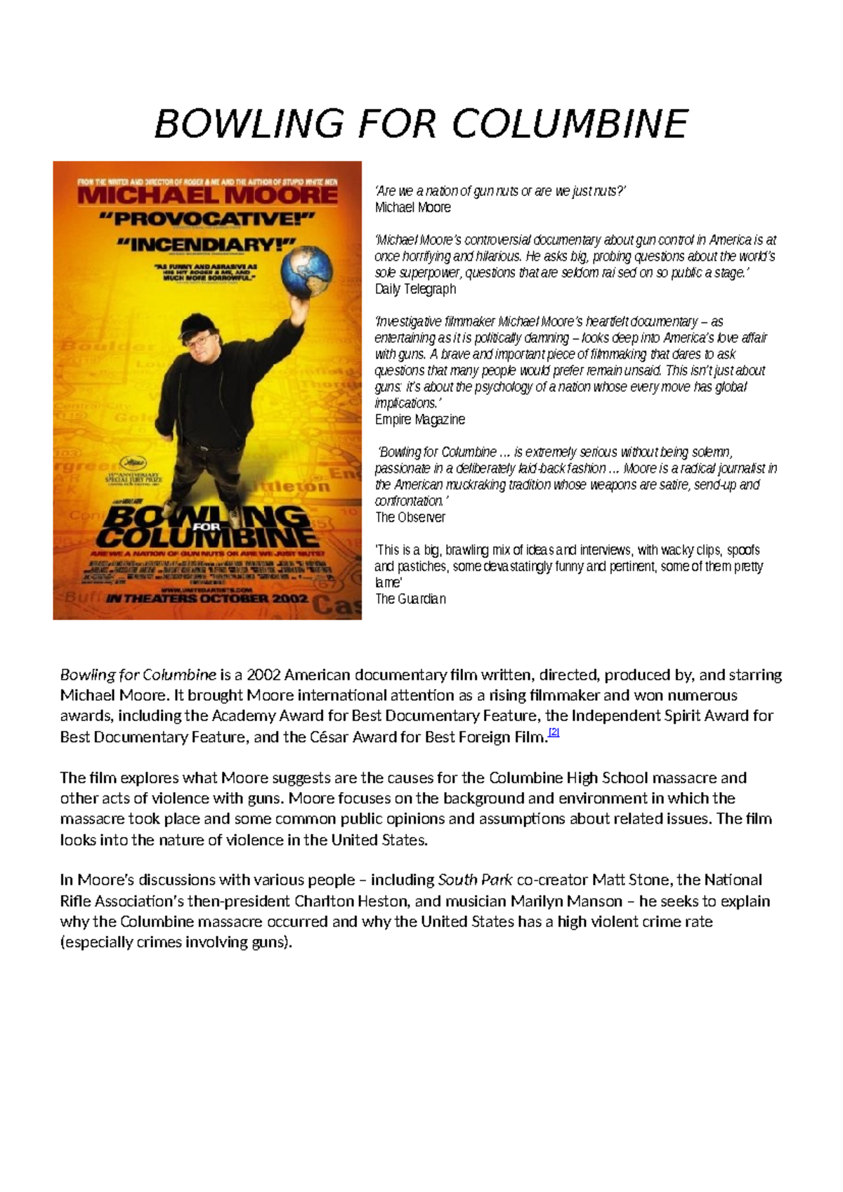 Bowling for Columbine study guide - BOWLING FOR COLUMBINE ‘Are we a ...