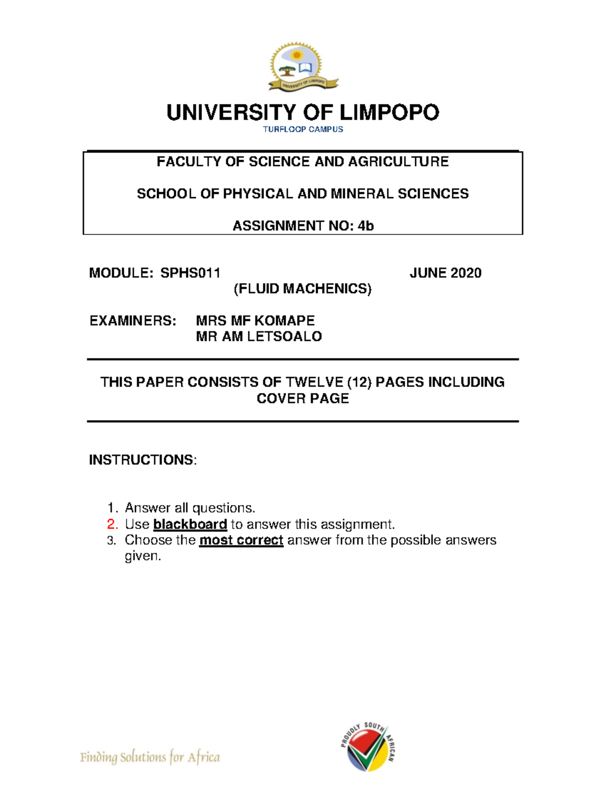 2020 Sphs011 Assignment 4b - UNIVERSITY OF LIMPOPO TURFLOOP CAMPUS ...
